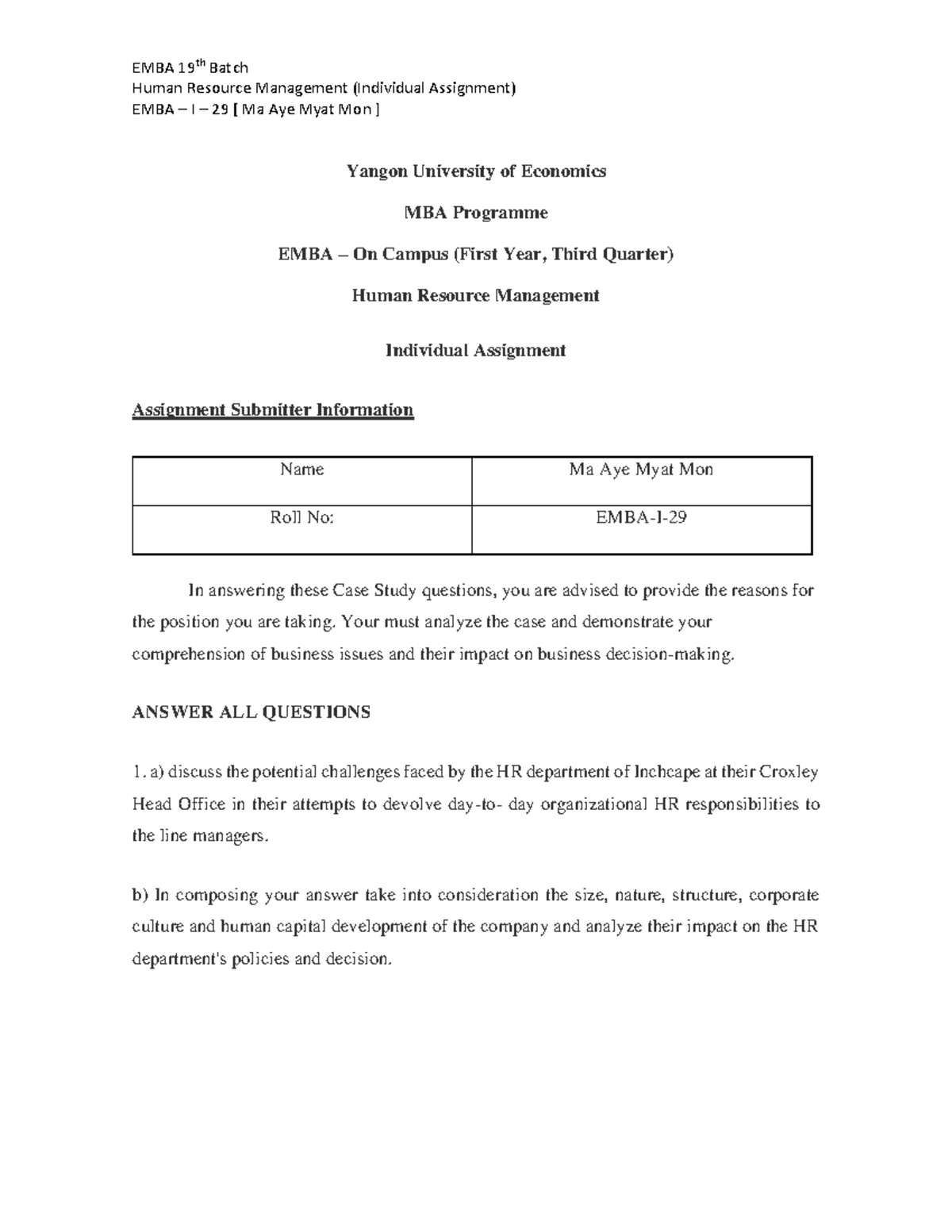 HR Individual Assignment (Ma Aye Myat Mon EMBA - I - 29 ) - Human ...