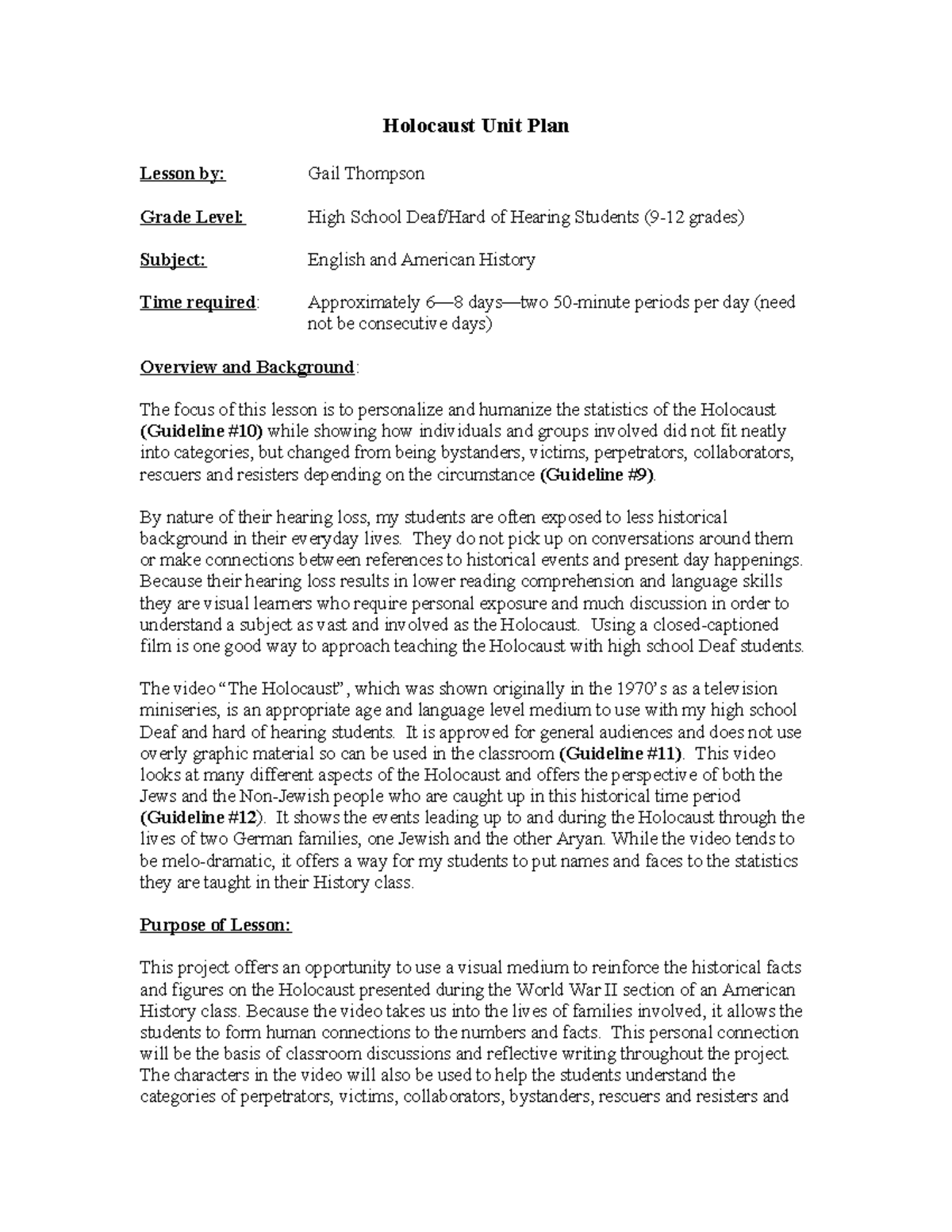 Holocaust Unit Plan- Thompson - Holocaust Unit Plan Lesson by: Gail ...