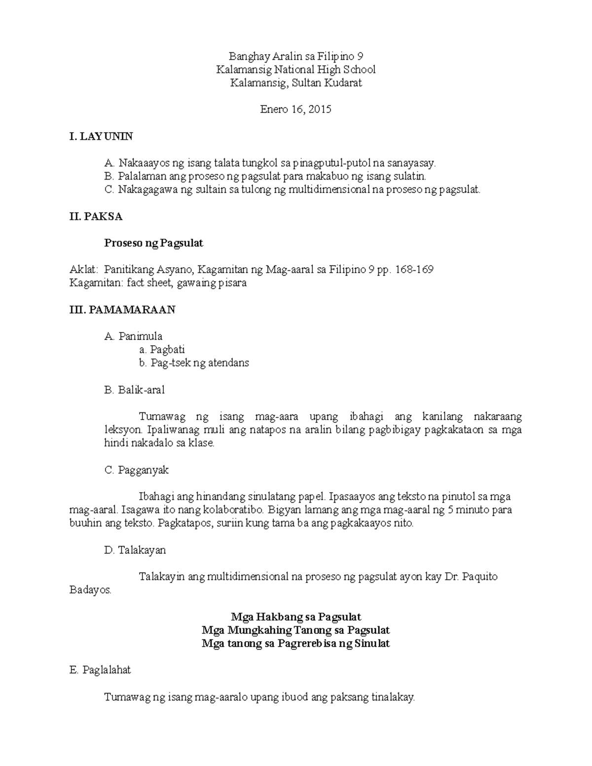 Dokumen - None. Thankyou - Banghay Aralin sa Filipino 9 Kalamansig ...