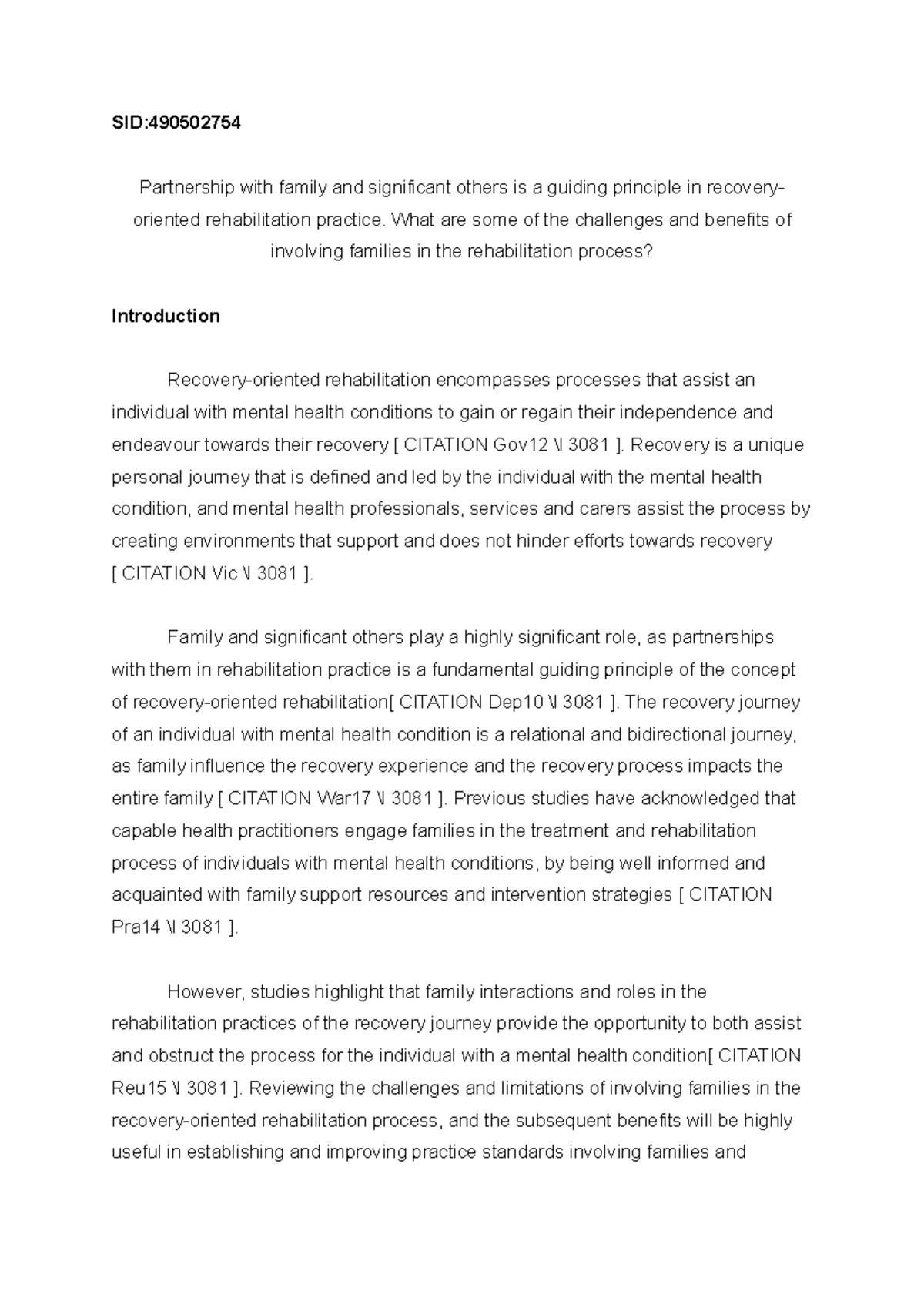 essay 1 - assignment - SID: Partnership with family and significant ...