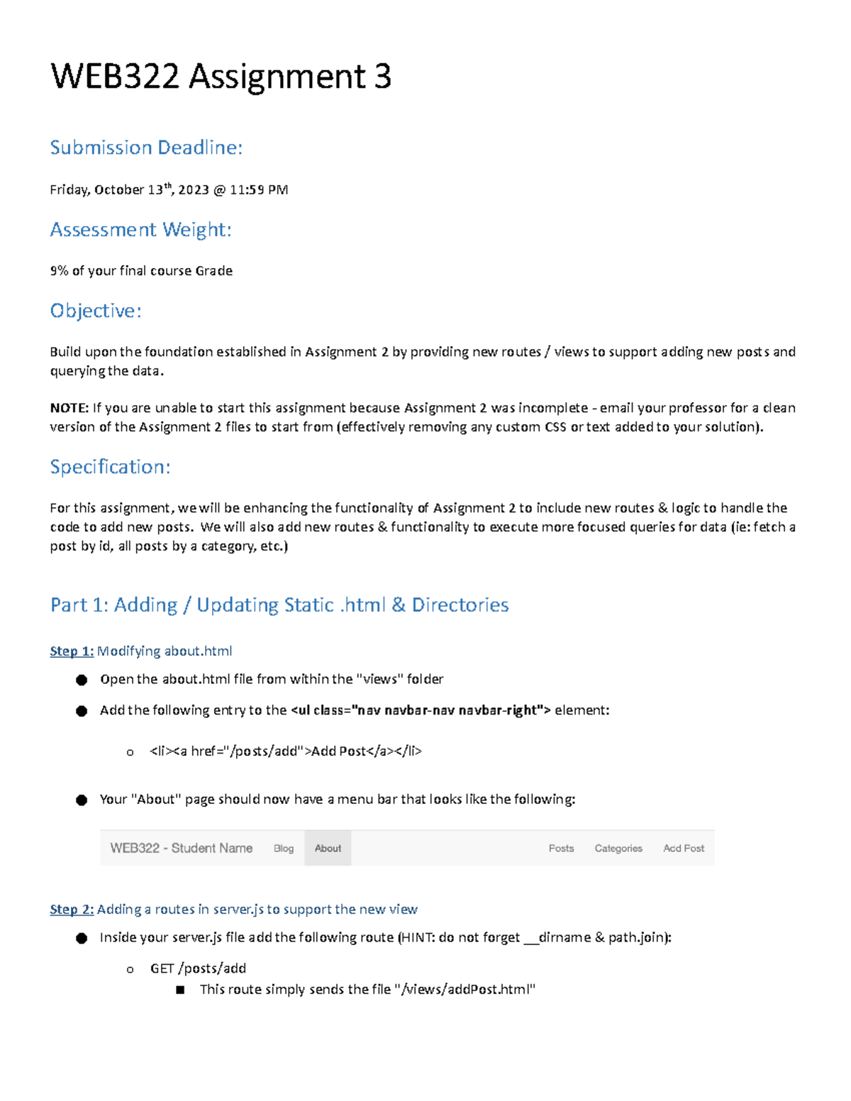 Updated Assignment 03 - web322 - WEB322 Assignment 3 Submission Deadline: Friday, October 13th ...