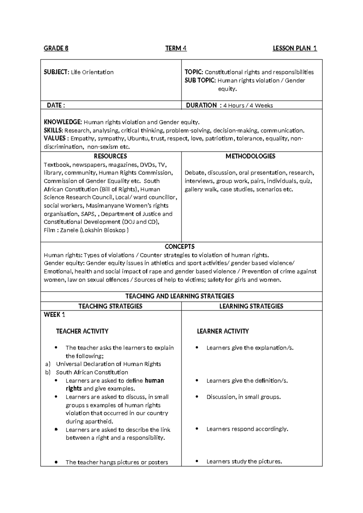 Grade 8 Term 4 Lesson Plan 1 - GRADE 8 TERM 4 LESSON PLAN 1 SUBJECT ...