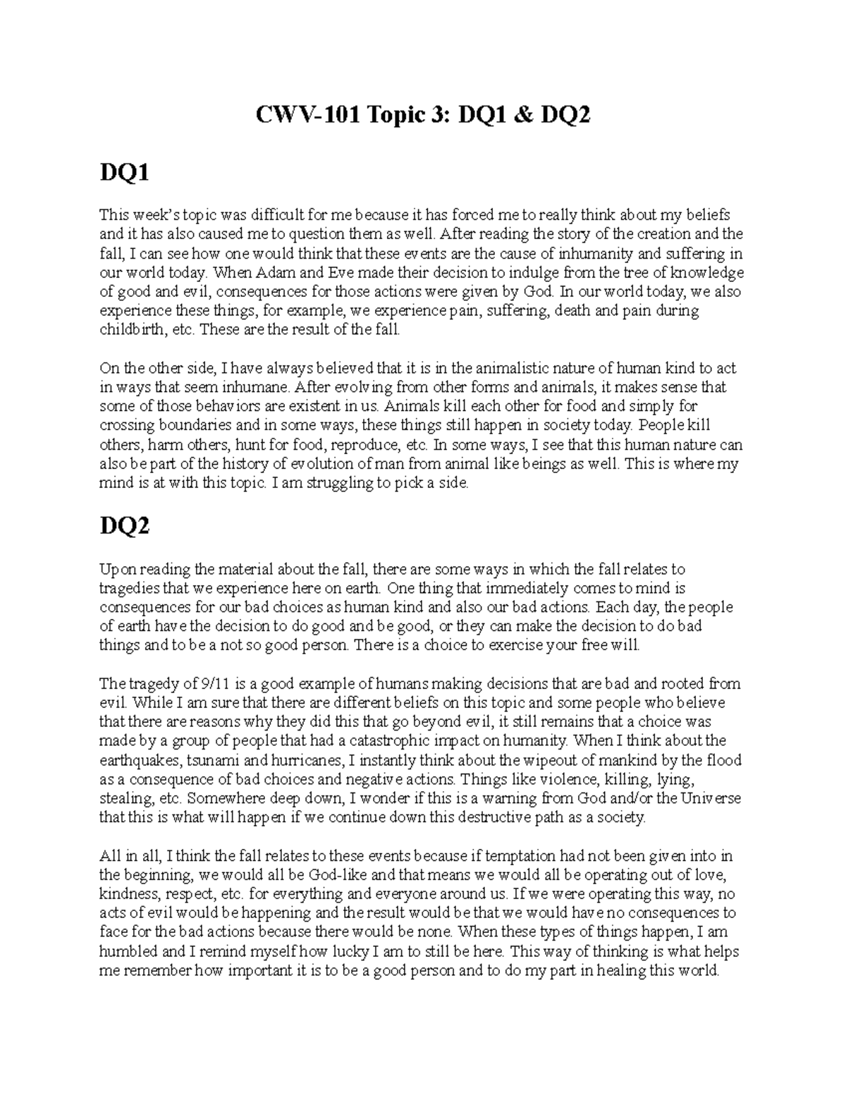 CWV101 Topic 3 DQ1DQ2 - Received 100% - CWV-101 Topic 3: DQ1 & DQ DQ ...