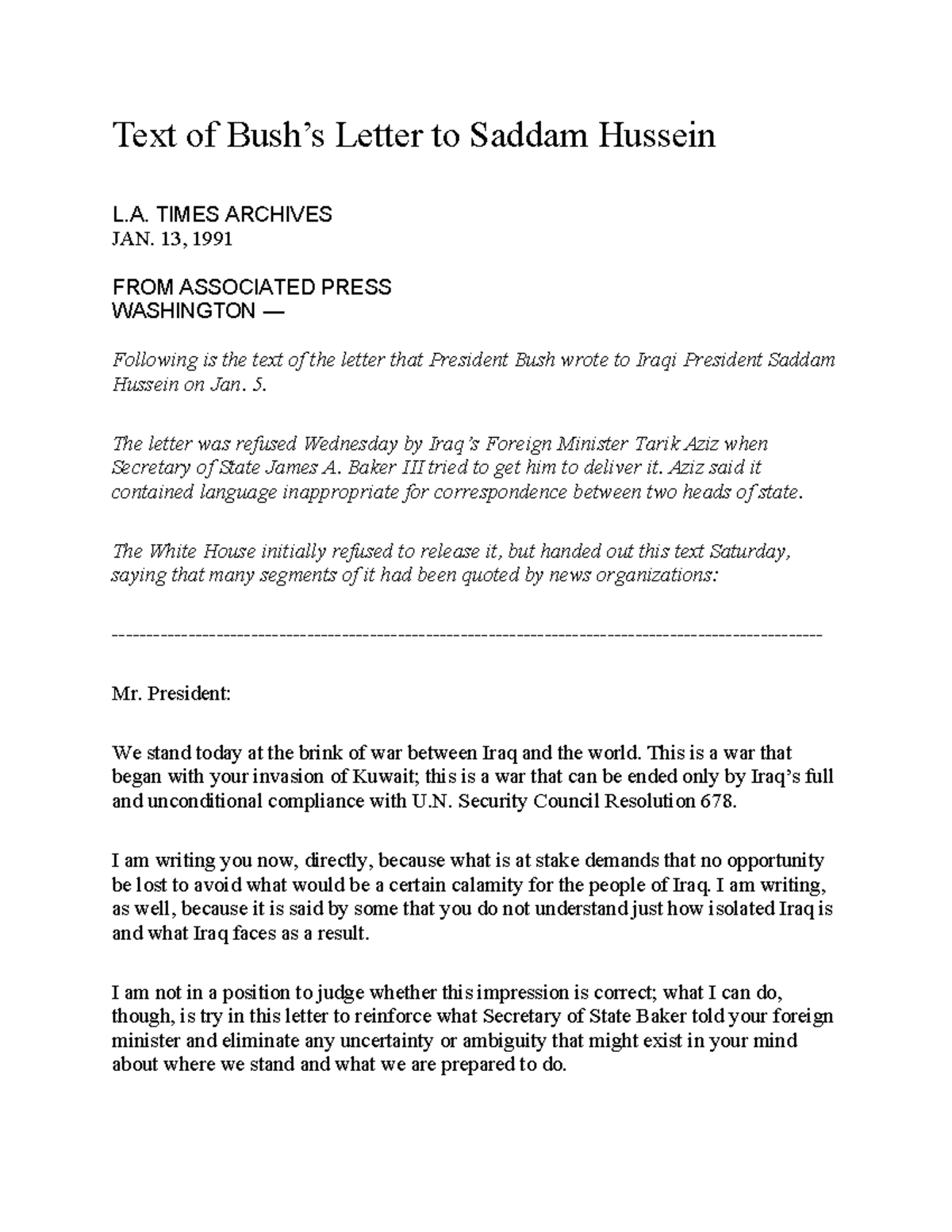 Text of Bush - Rhetorical Analysis - Text of Bush’s Letter to Saddam ...