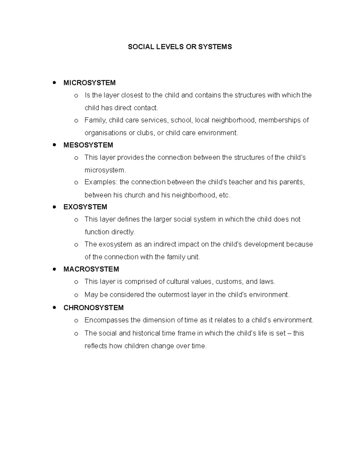 Social Levels Or Systems - SOCIAL LEVELS OR SYSTEMS MICROSYSTEM o Is ...