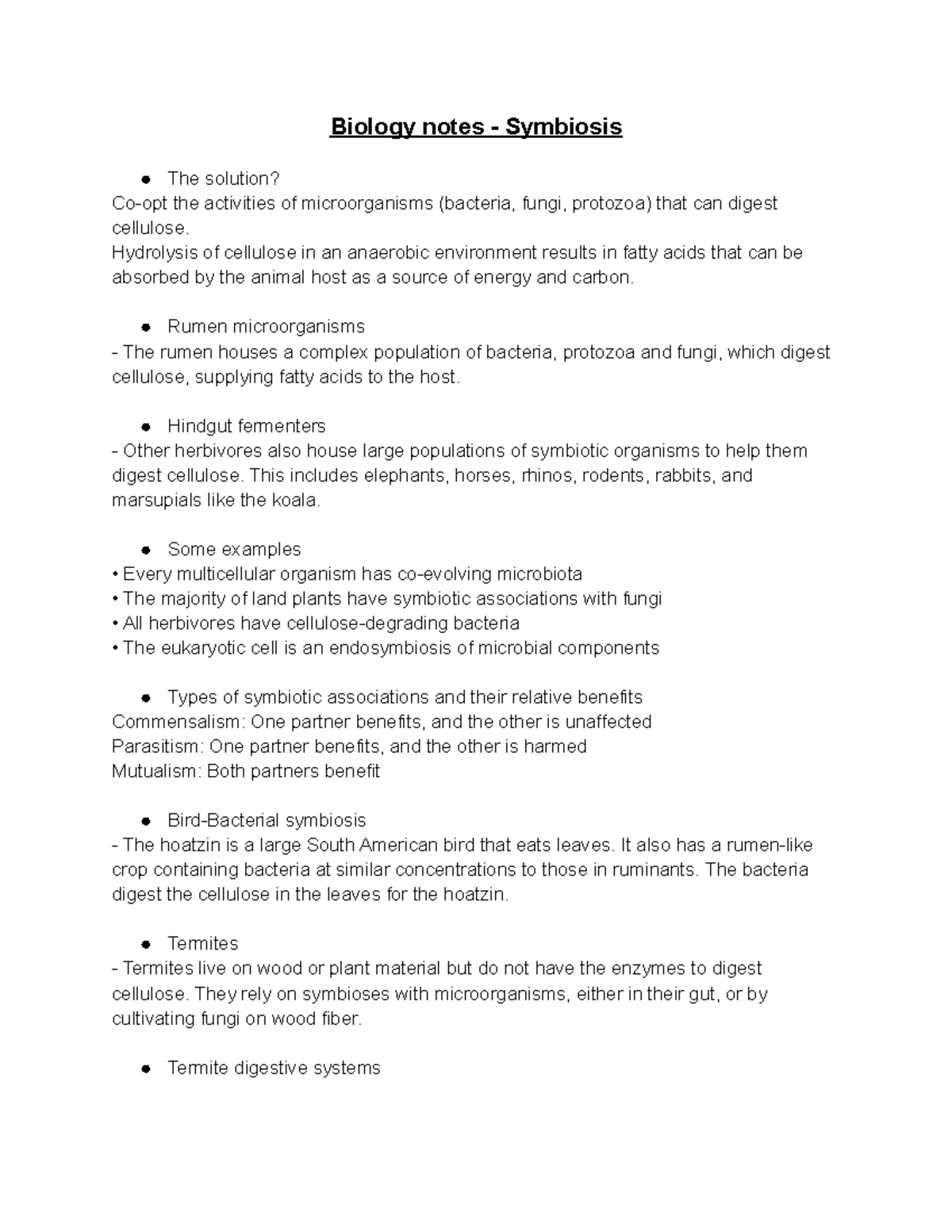 Biology notes - Symbiosis - Hydrolysis of cellulose in an anaerobic ...