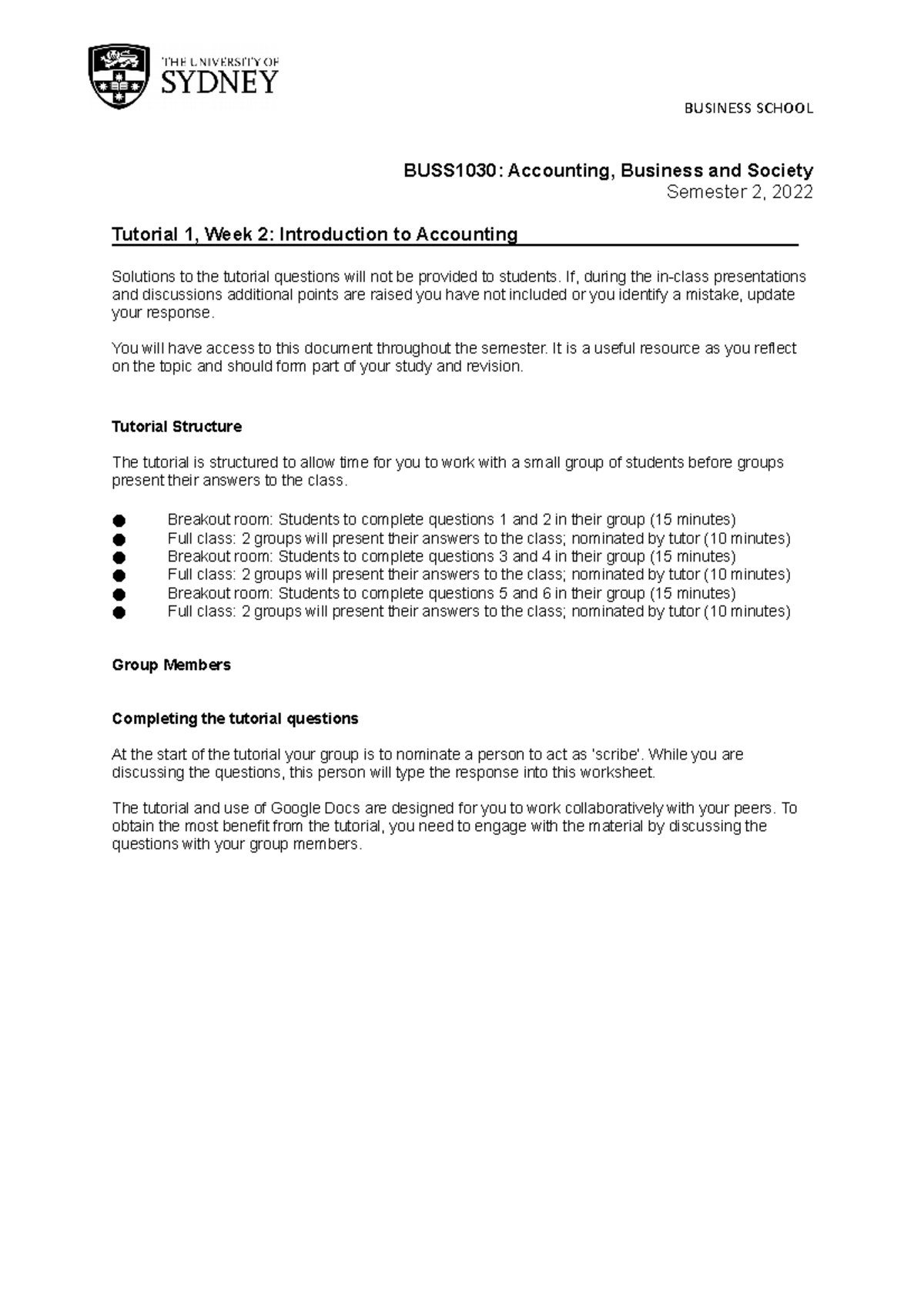 Tutorial 1 W2 - BUSINESS SCHOOL BUSS1030: Accounting, Business and ...