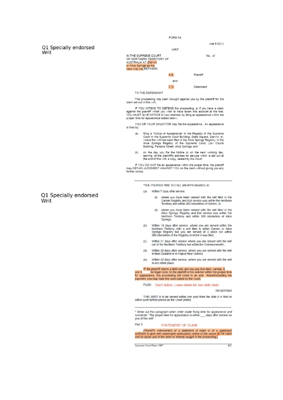 Civil Procedure Supreme court form filling notes - FORM 5A rule 5(1) Q1 ...