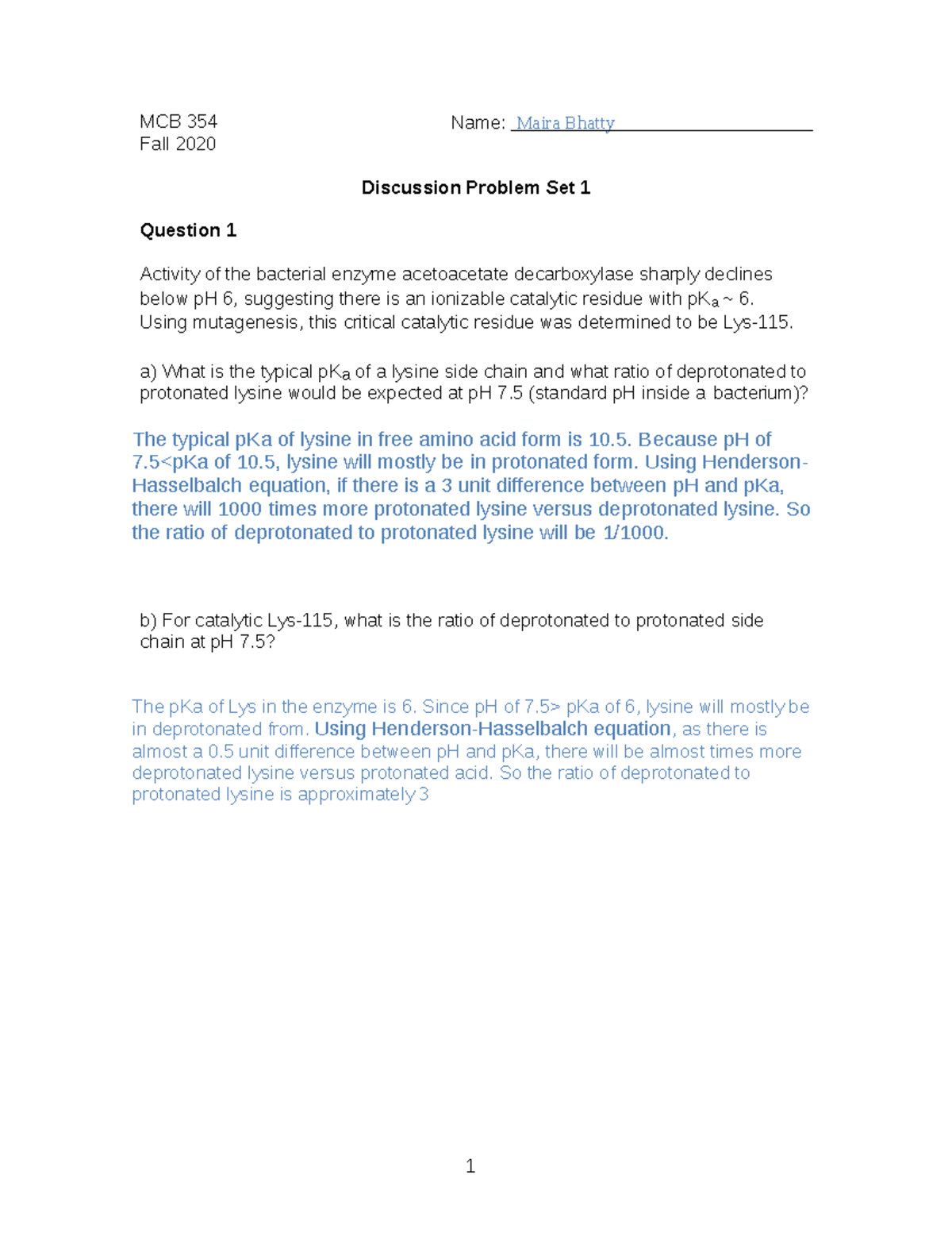 MCB354FA20 PS01 Worksheet 1 - 1 MCB 354 Name: Maira Bhatty Fall 2020 Discussion Problem Set 1 ...