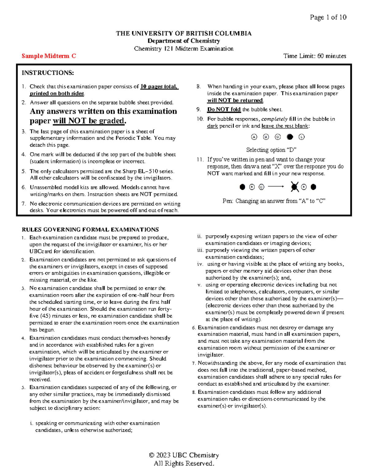 Chem 121 UBC Midterm 2 2023 - © 20 23 UBC Chemistry All Rights Reserved ...
