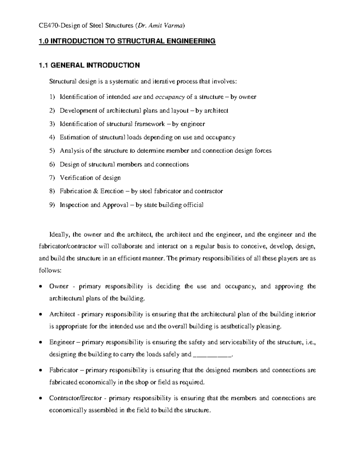 CE470Ch1 Introduction - 1 INTRODUCTION TO STRUCTURAL ENGINEERING 1 ...