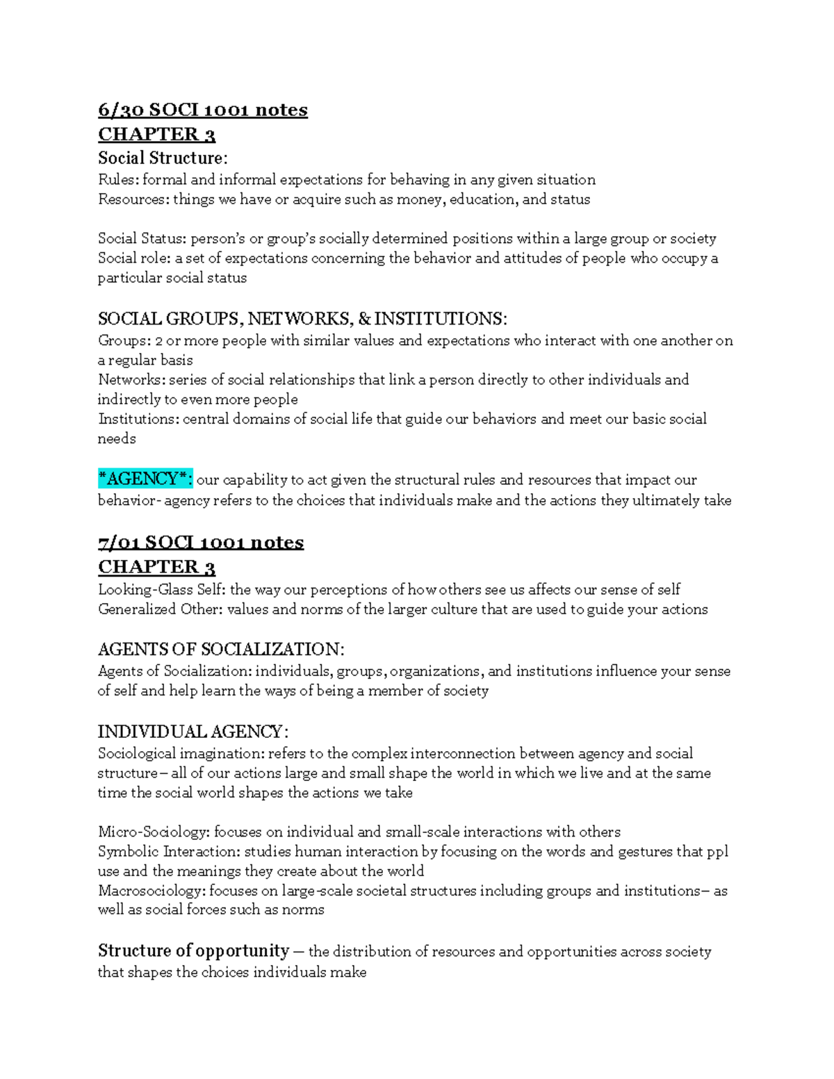 6 30 7 01 CH. 3 SOCI 1001 notes - 6/30 SOCI 1001 notes CHAPTER 3 Social ...