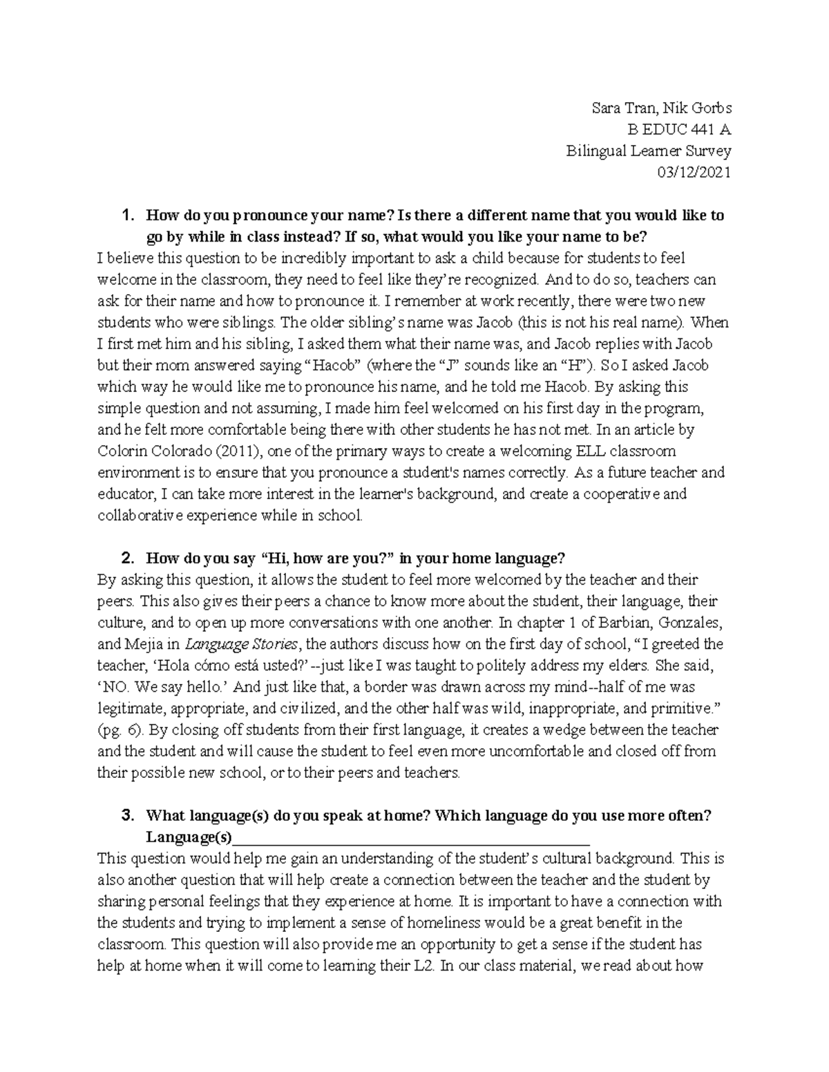 Bilingual Learner Survey Design - Sara Tran, Nik Gorbs B EDUC 441 A ...