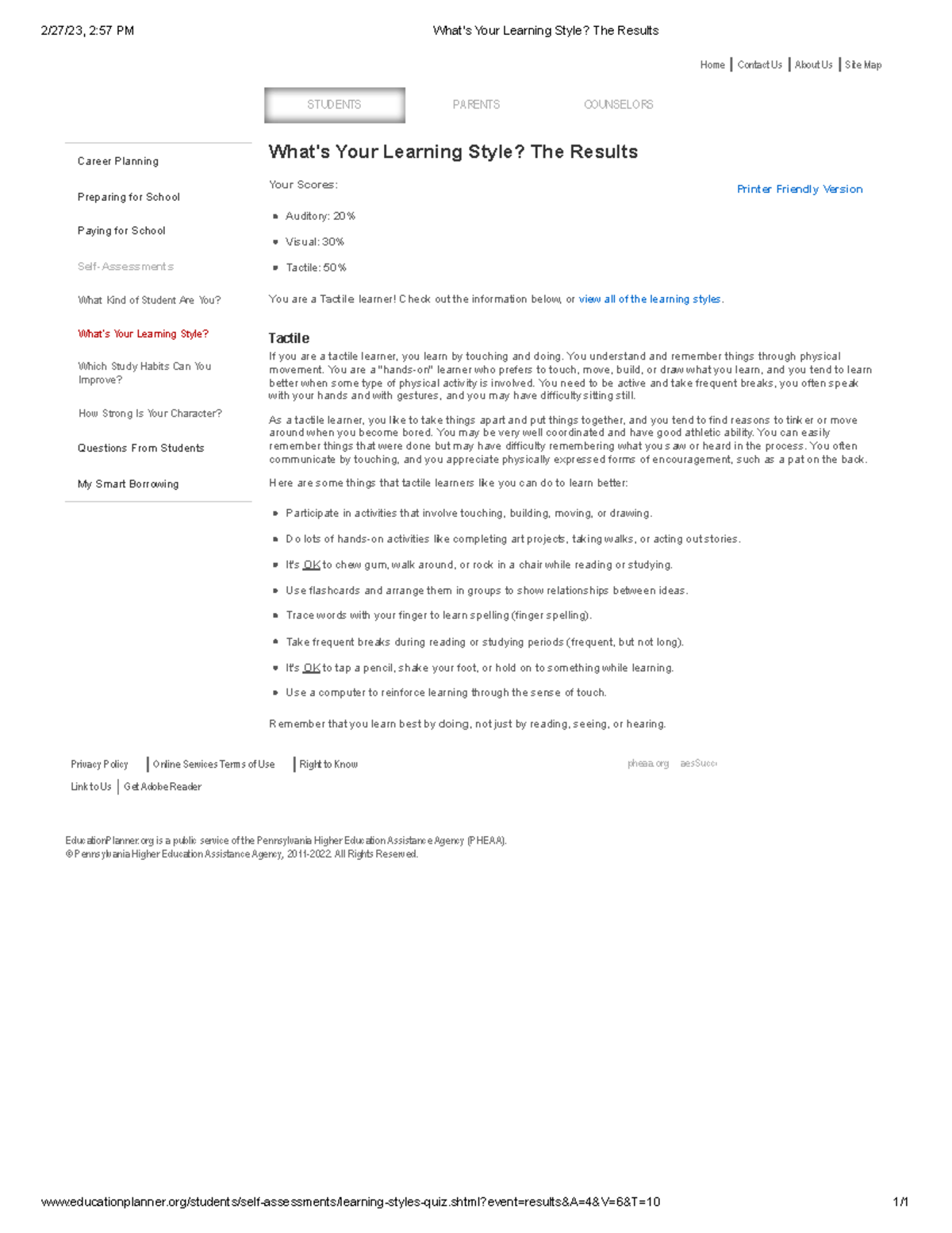 What's Your Learning Style The Results cj - 2/27/23, 2:57 PM What's ...