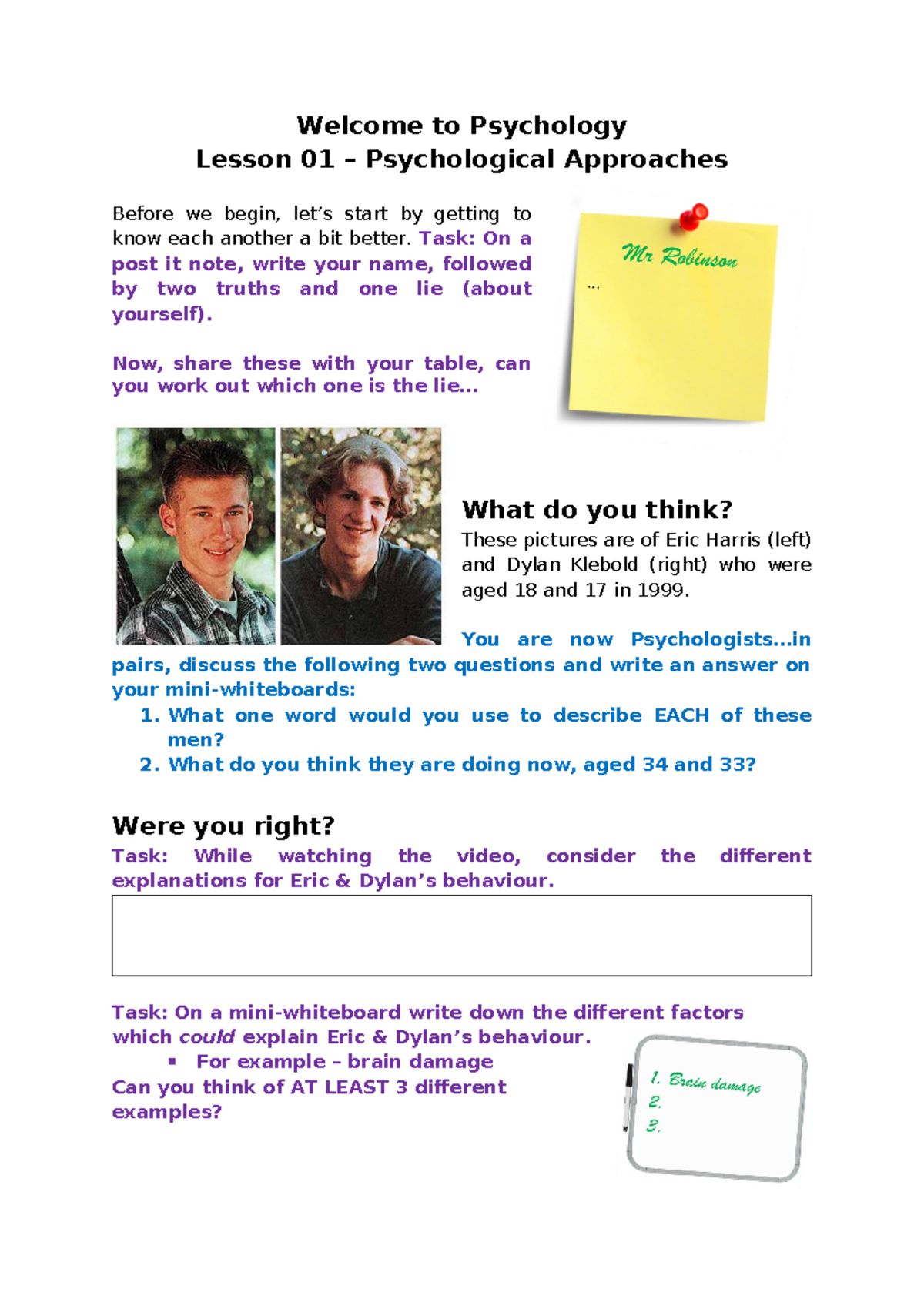 Approaches Booklet - N/A - Welcome to Psychology Lesson 01 ...
