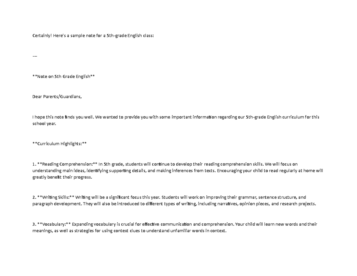 GPT Trial 5 - Certainly! Here's a sample note for a 5th-grade English ...