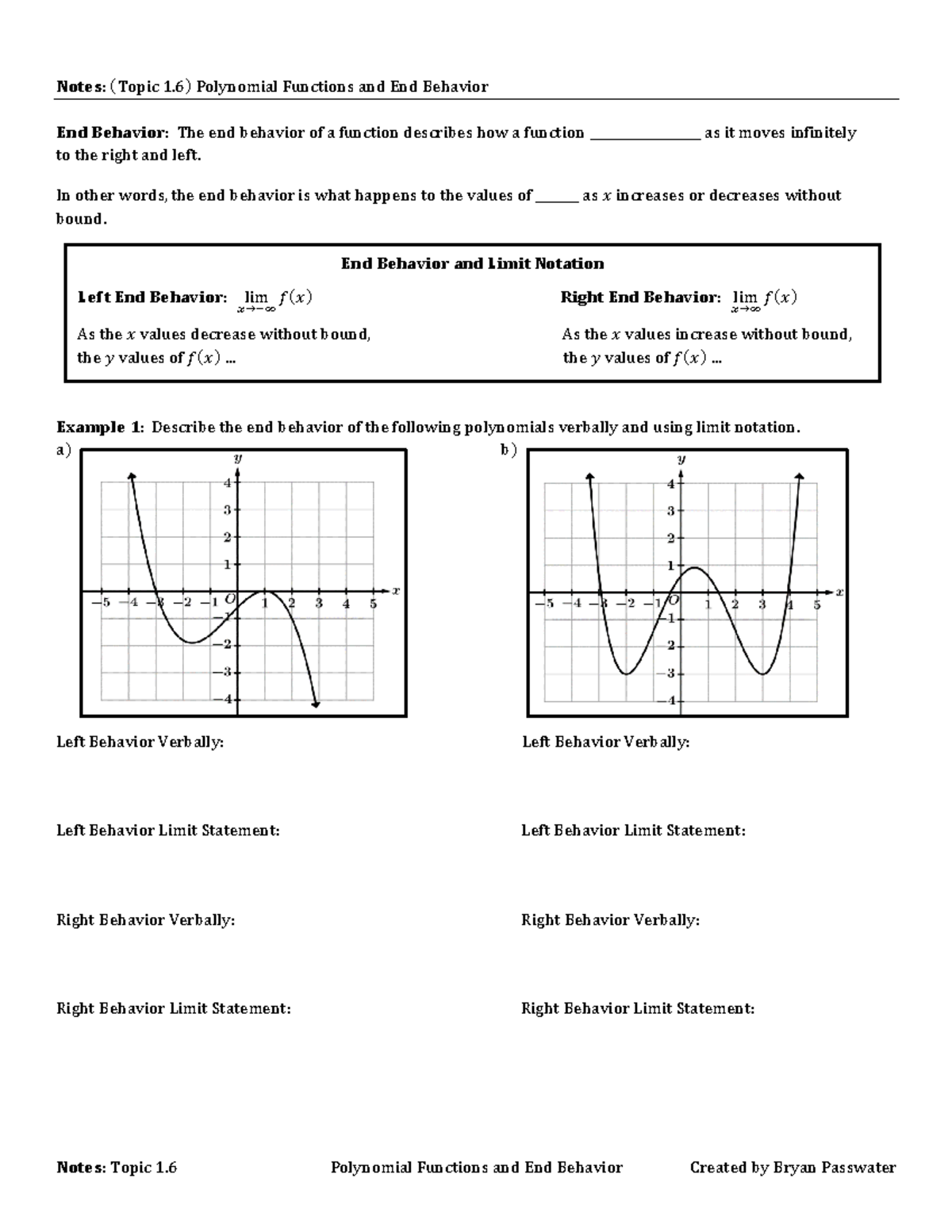 Notes Topic 1.6 Polynomial Functions and End Behavior AP PC - 𝐍𝐨𝐭𝐞𝐬 ...