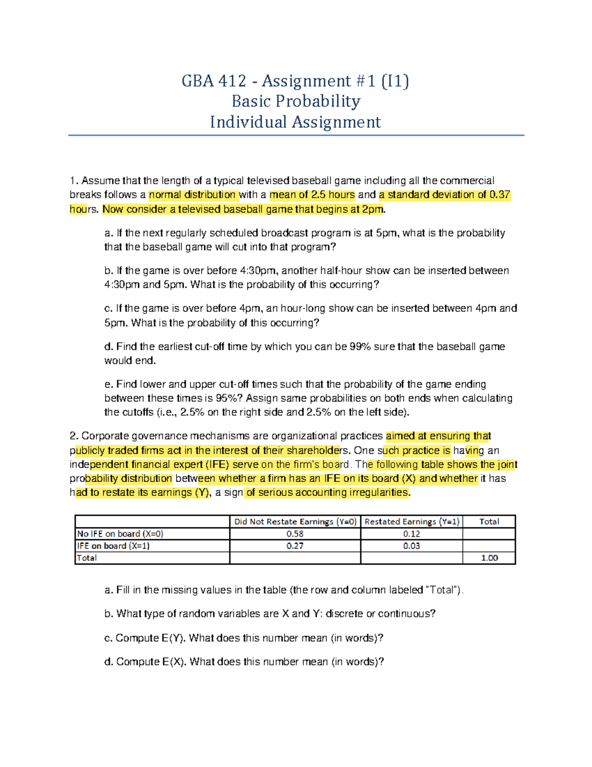 GBA412- Assignment- Basic Probability, Joint Probability, Marginal Probability - GBA 412 - - Studocu