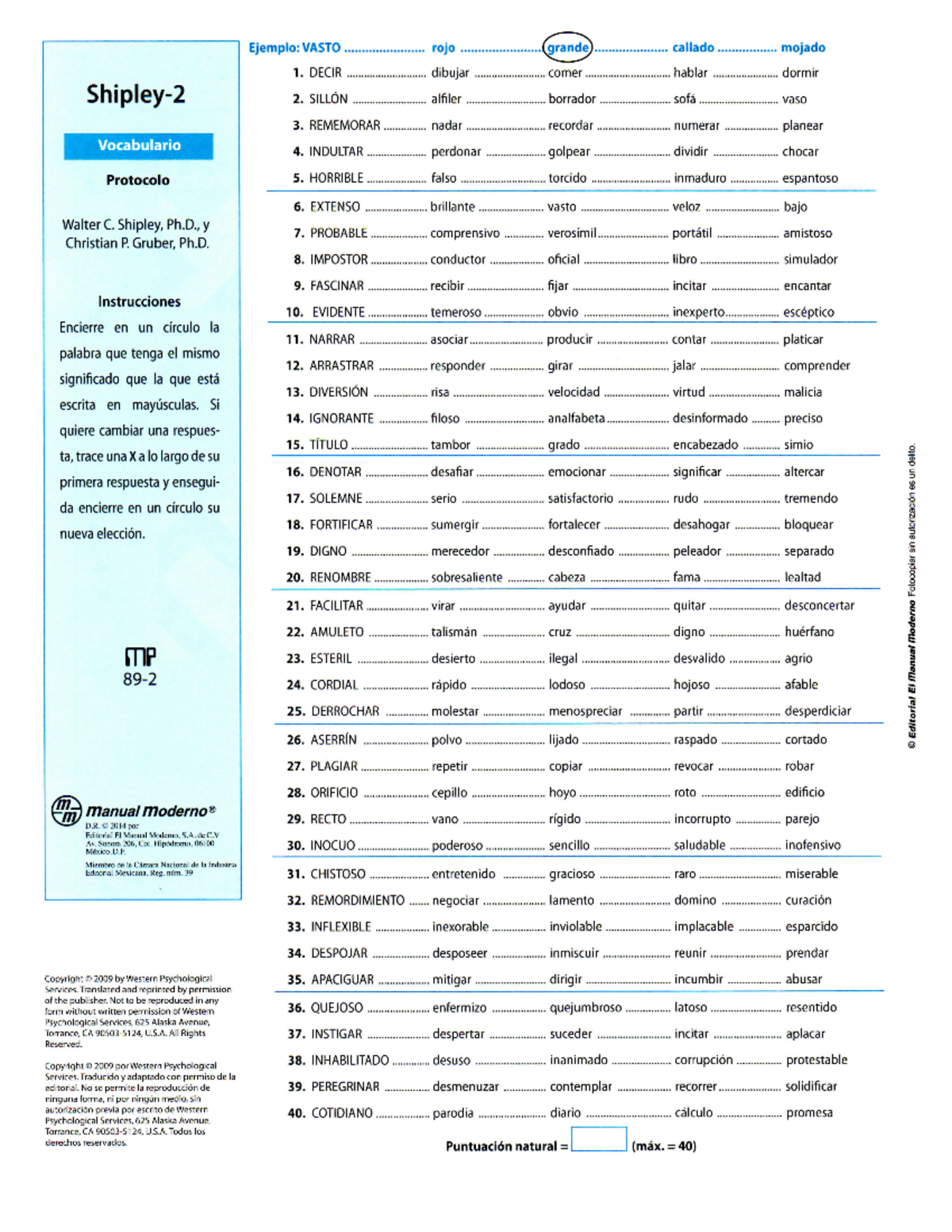 Prueba Shipley-2 - test de shipley - Ejemplo: VASTO rojo grande ...