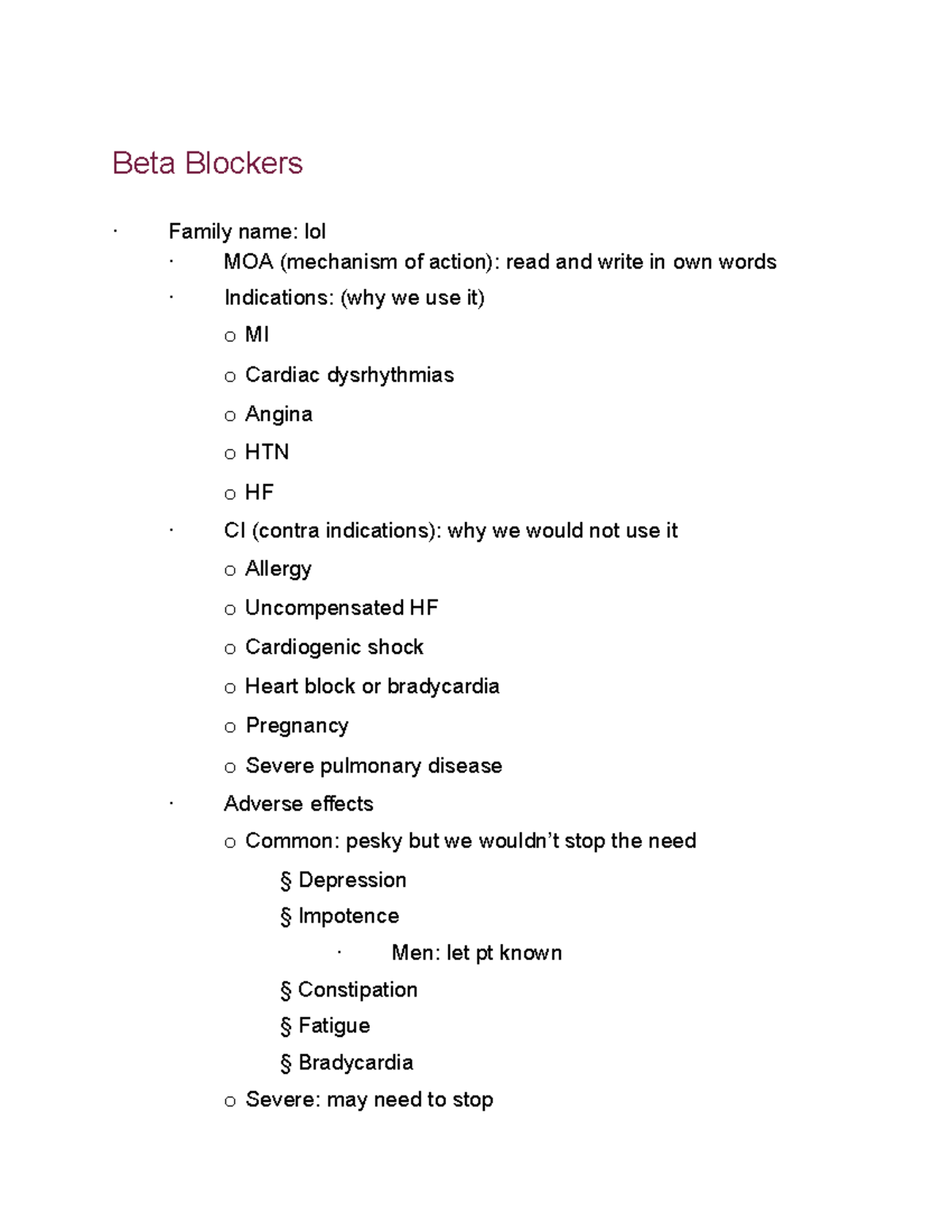 Beta Blockers - Beta Blockers · Family name: lol · MOA (mechanism of ...