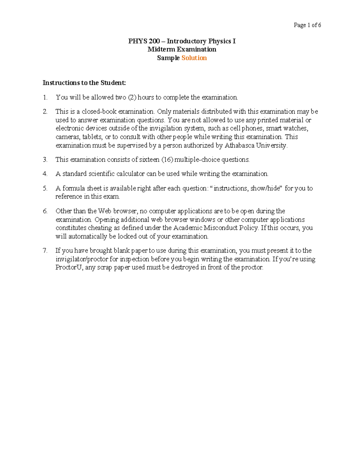 Phys200 rev7 sample midterm solution - PHYS 200 ‒ Introductory Physics I Midterm Examination ...