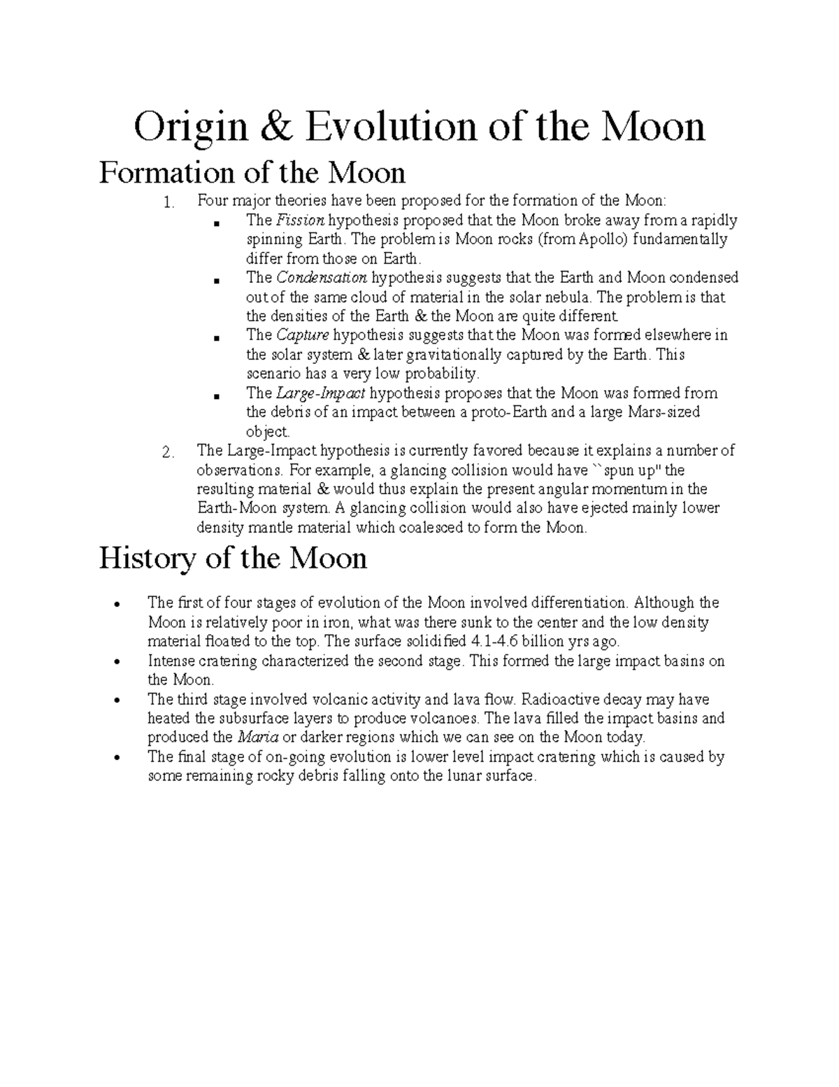Astr notes 12 - Origin & Evolution of the Moon Formation of the Moon ...