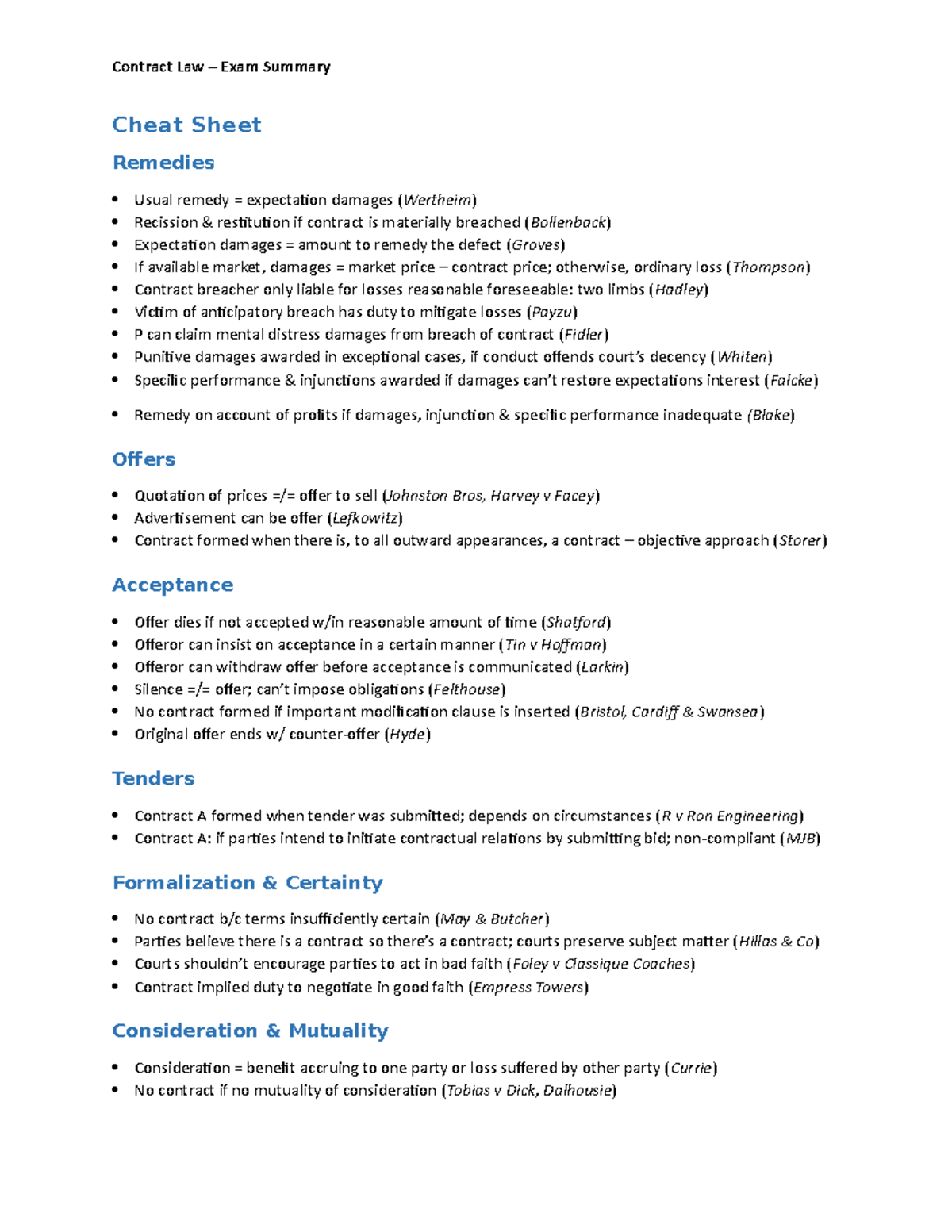 Contract Law Summary - Niblett - Winter 2020 - Cheat Sheet Remedies ...