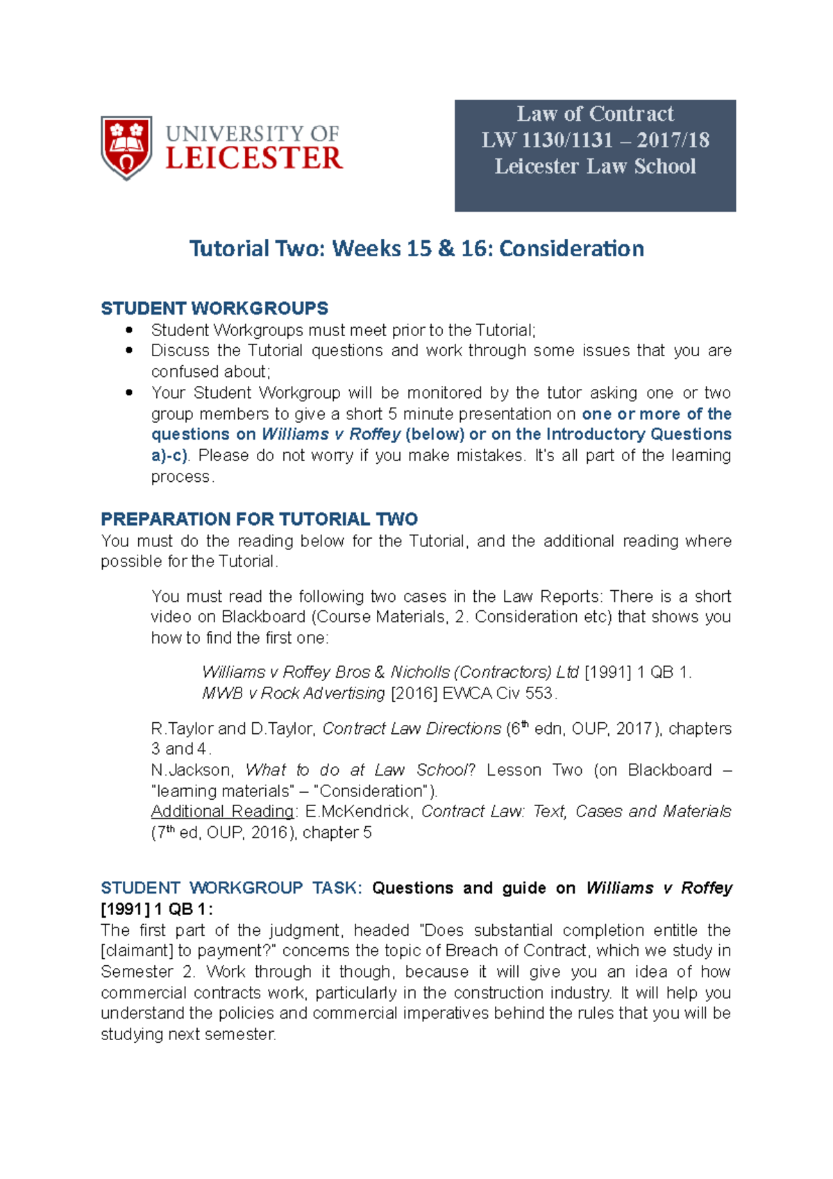 Contract Law Tutorial 2 Consideration - Law of Contract LW 1130/1131 – 2017/18 Leicester Law ...
