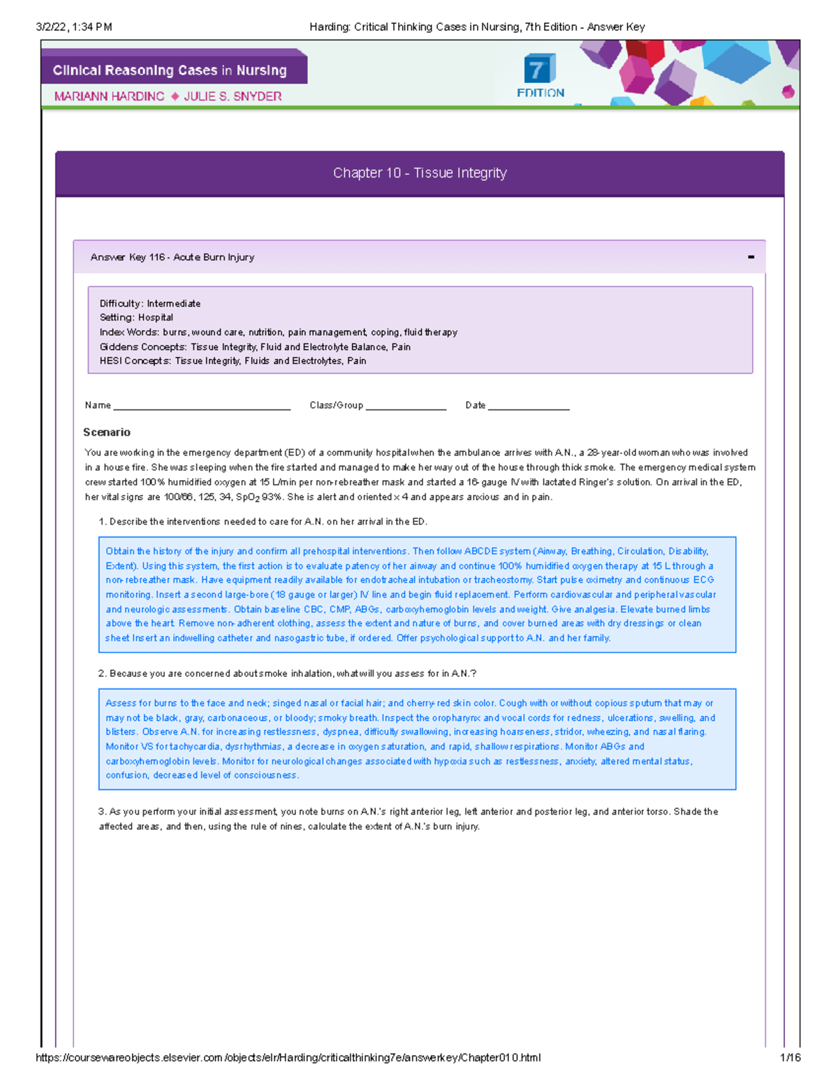 Burns Case Study - Answer Key - Critical Thinking Cases in Nursing, 7th Edition - Difficulty ...