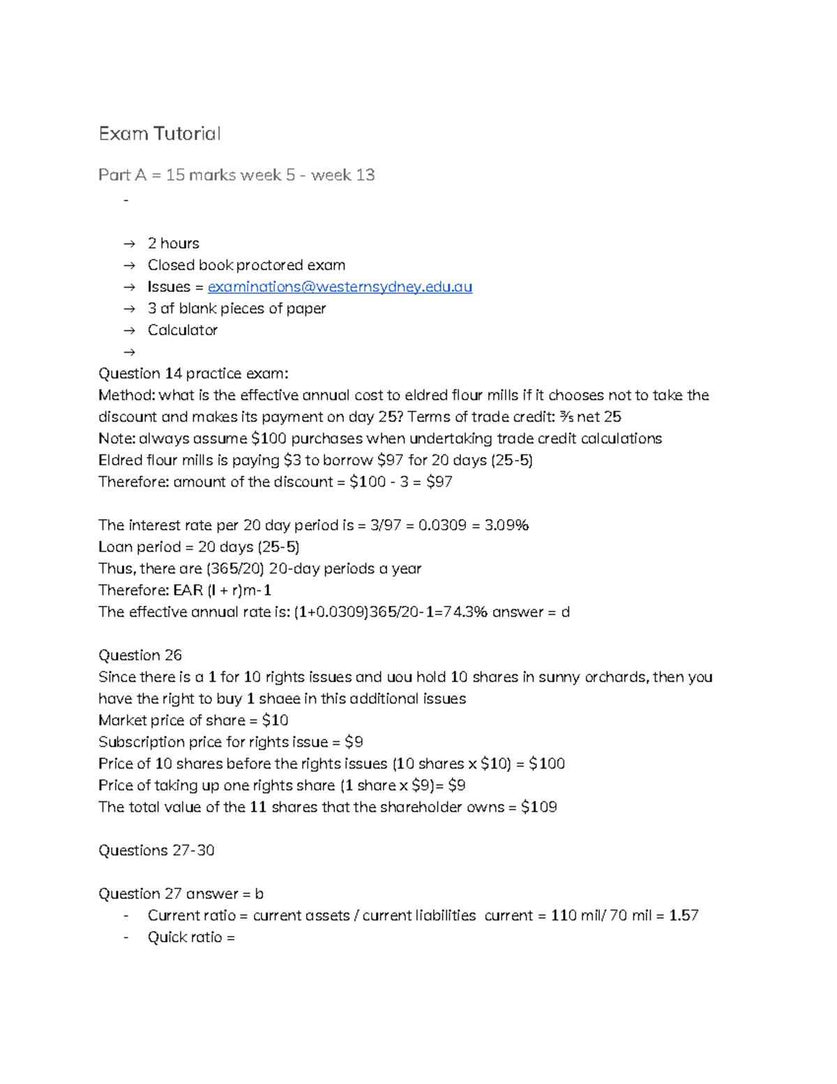 Exam Tutorial - Exam Tutorial Part A = 15 marks week 5 - week 13 - → 2 ...