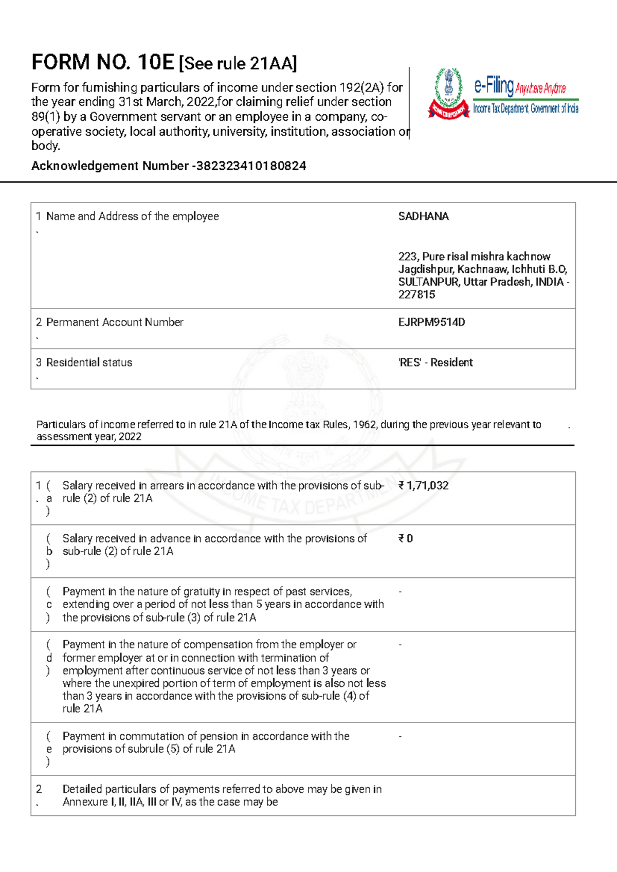 Form 10E Filed Form - SALARY - FORM NO. 10E [See rule 21AA] Form for ...