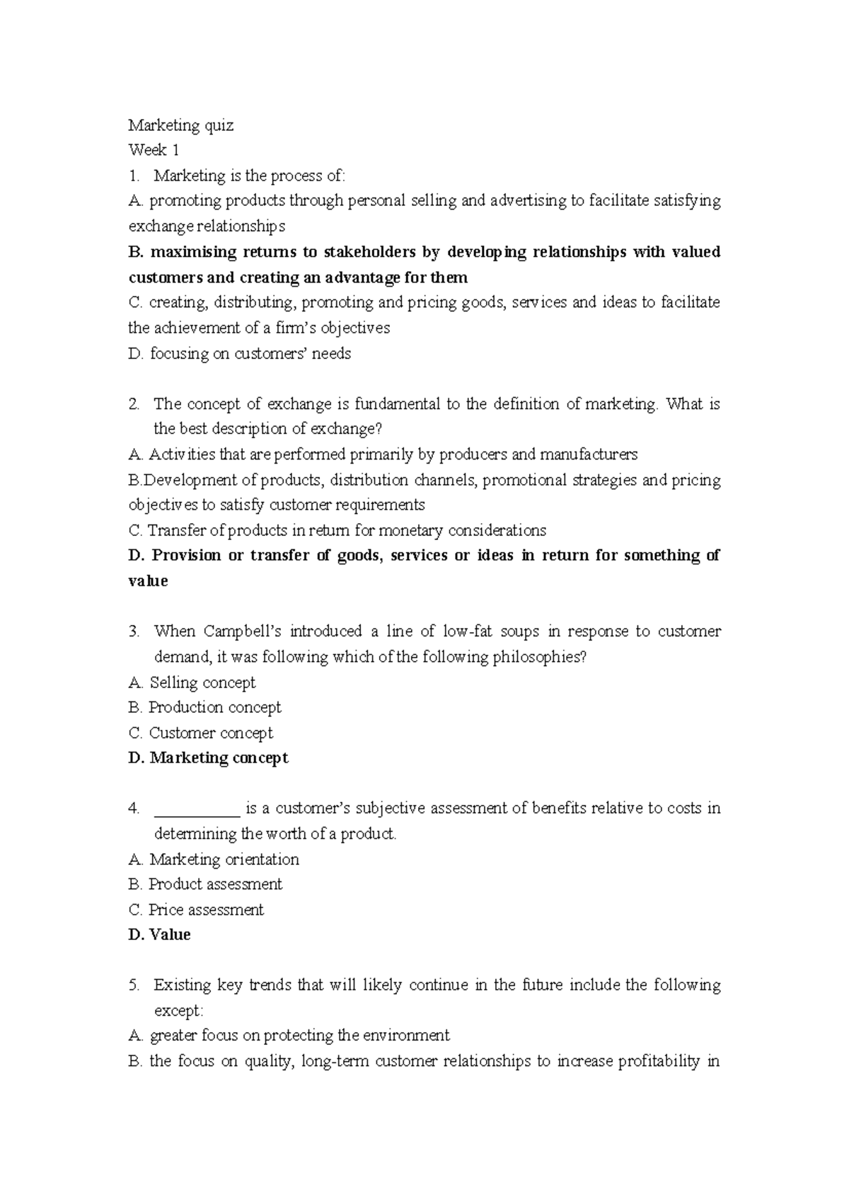 Marketing quiz wk1 - 2020 wk1 - Marketing quiz Week 1 Marketing is the ...