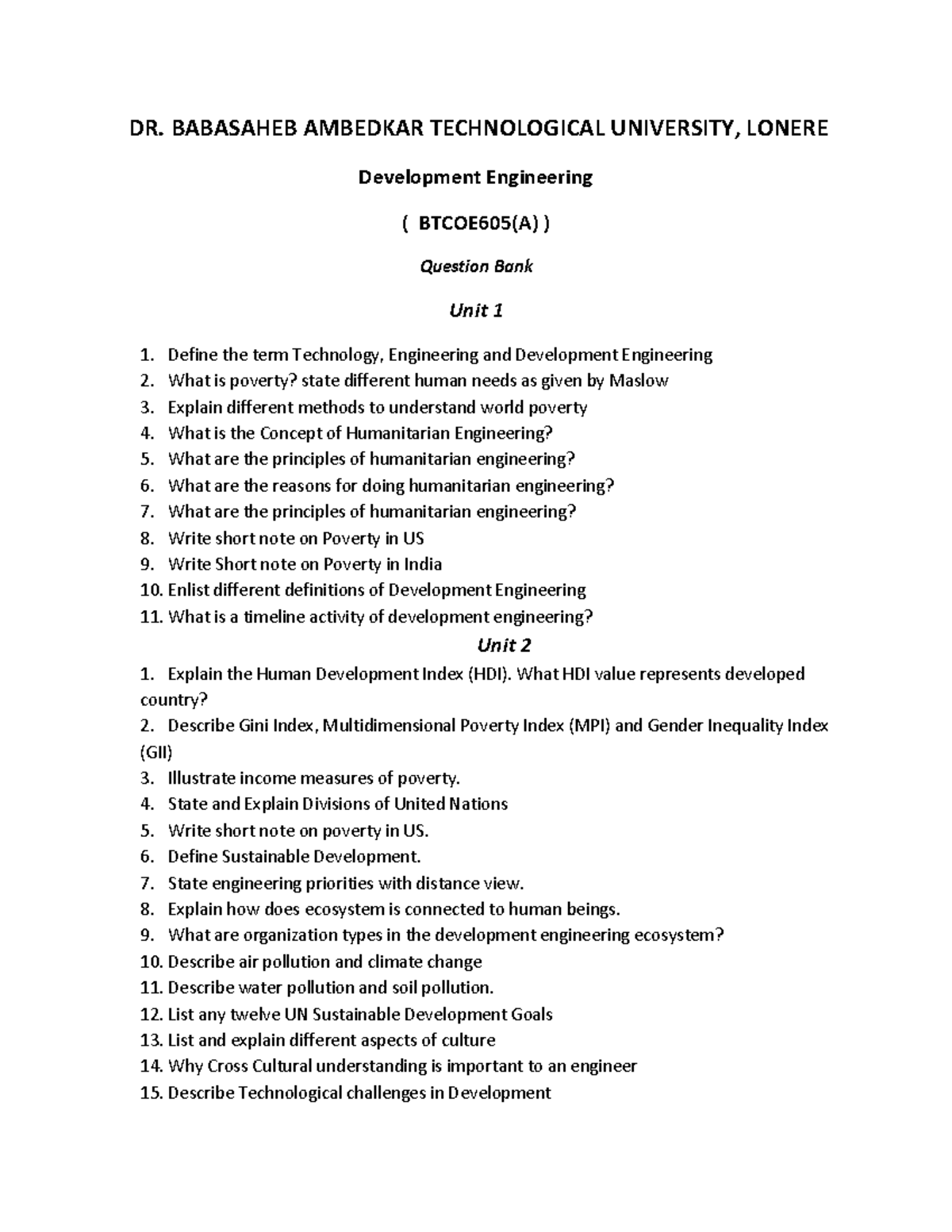 Development Engineering Question Bank - DR. BABASAHEB AMBEDKAR TECHNOLOGICAL UNIVERSITY, LONERE ...