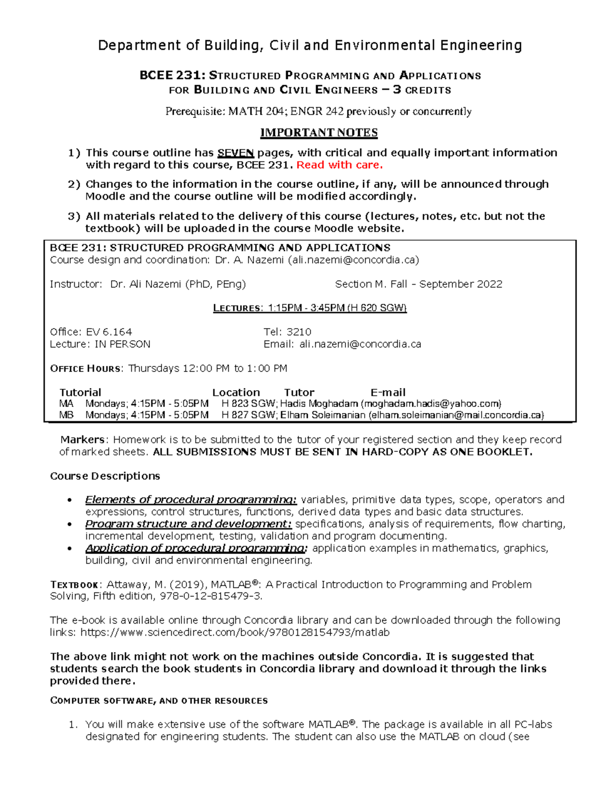 Outline 231Fall2022 - Department of Building, Civil and Environmental ...