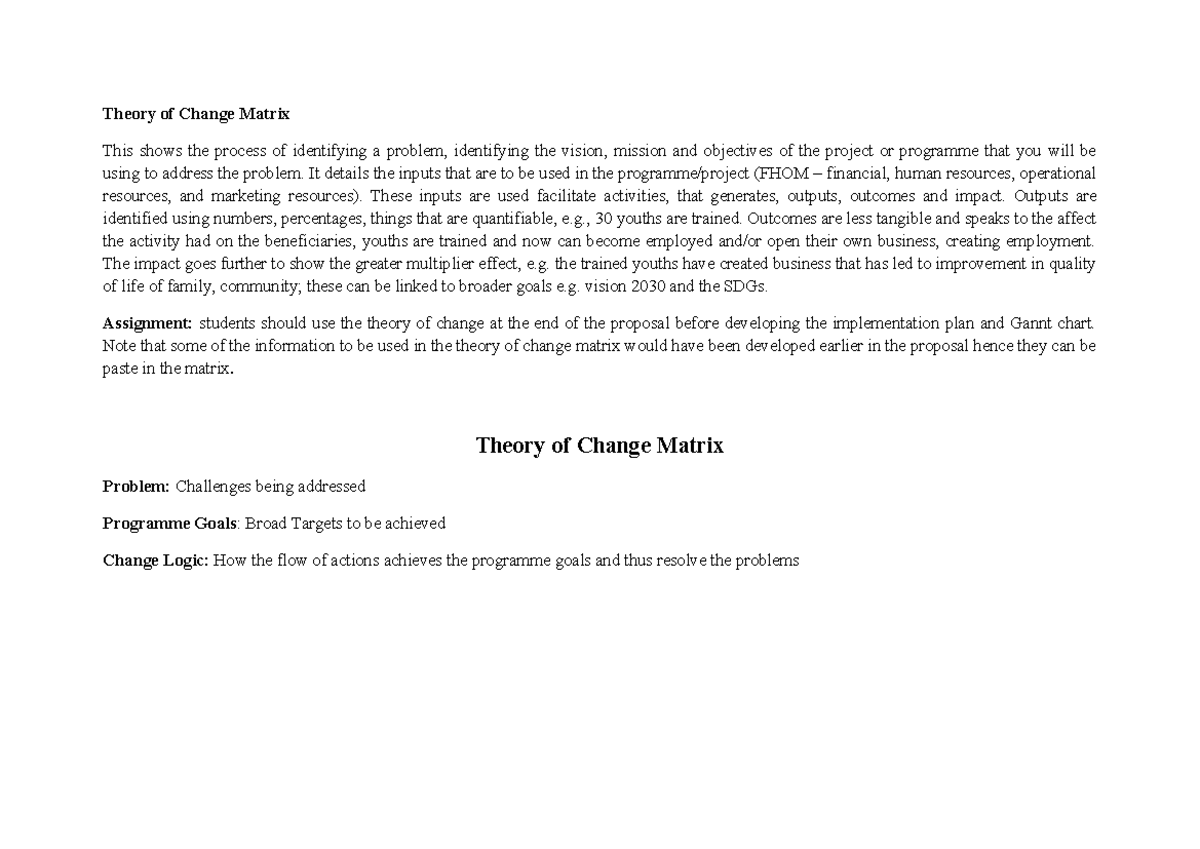 Theory of Change Matrix - It details the inputs that are to be used in the programme/project ...