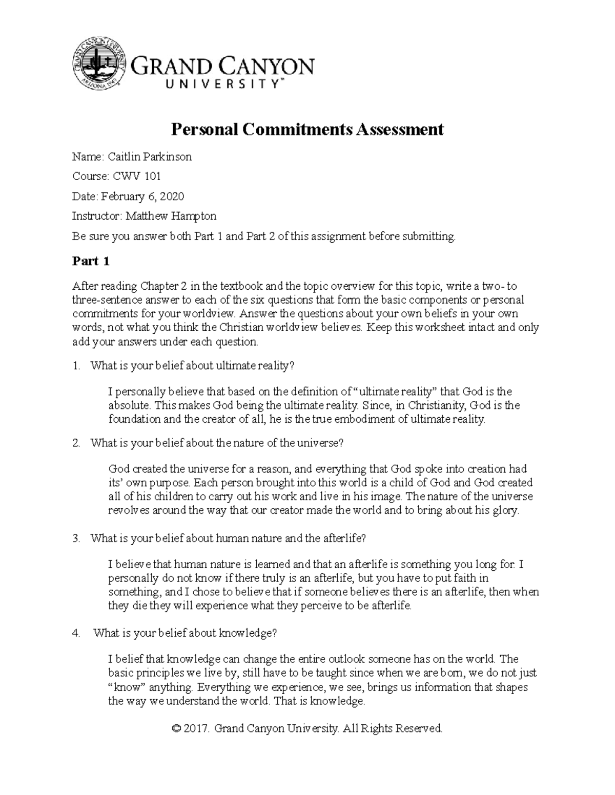 CWV-101-T1 Personal Commitments Assessment - Personal Commitments ...