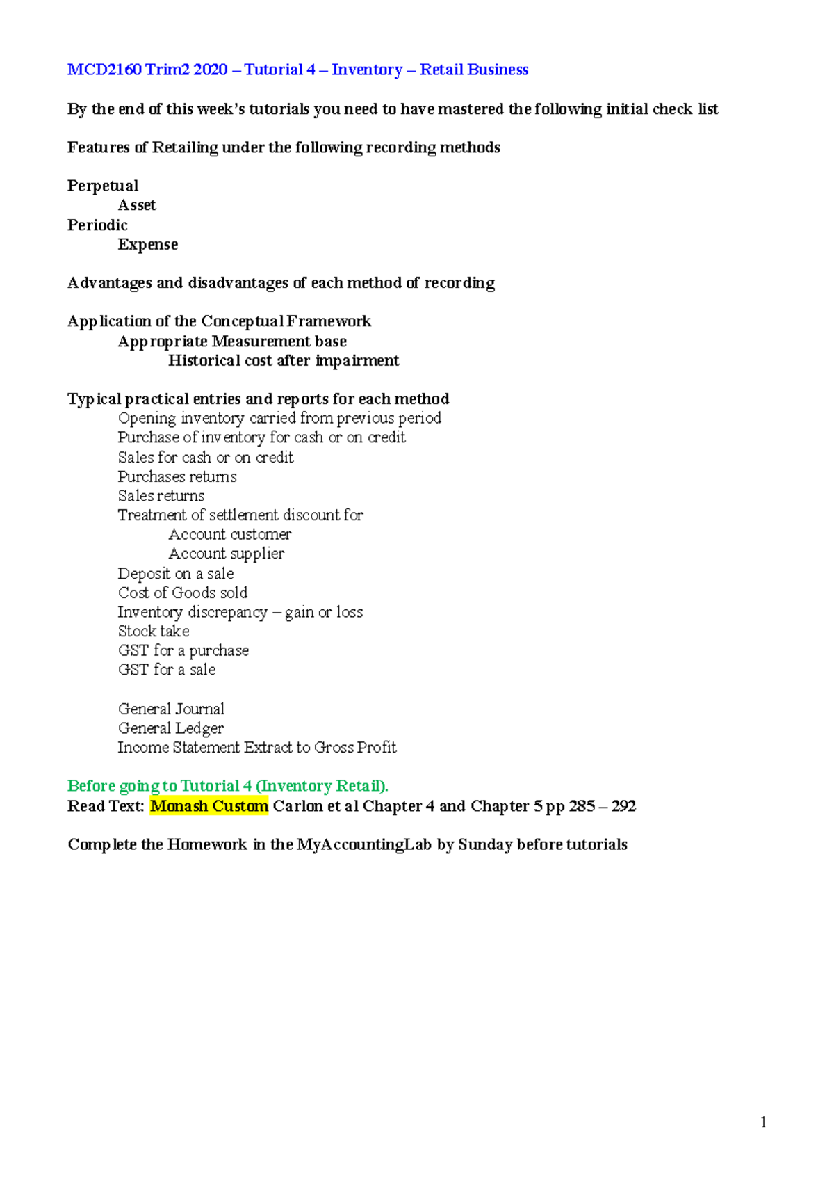 Tutorial 4 Inventory Questions Student Handout - By the end of this week’s tutorials you need to ...