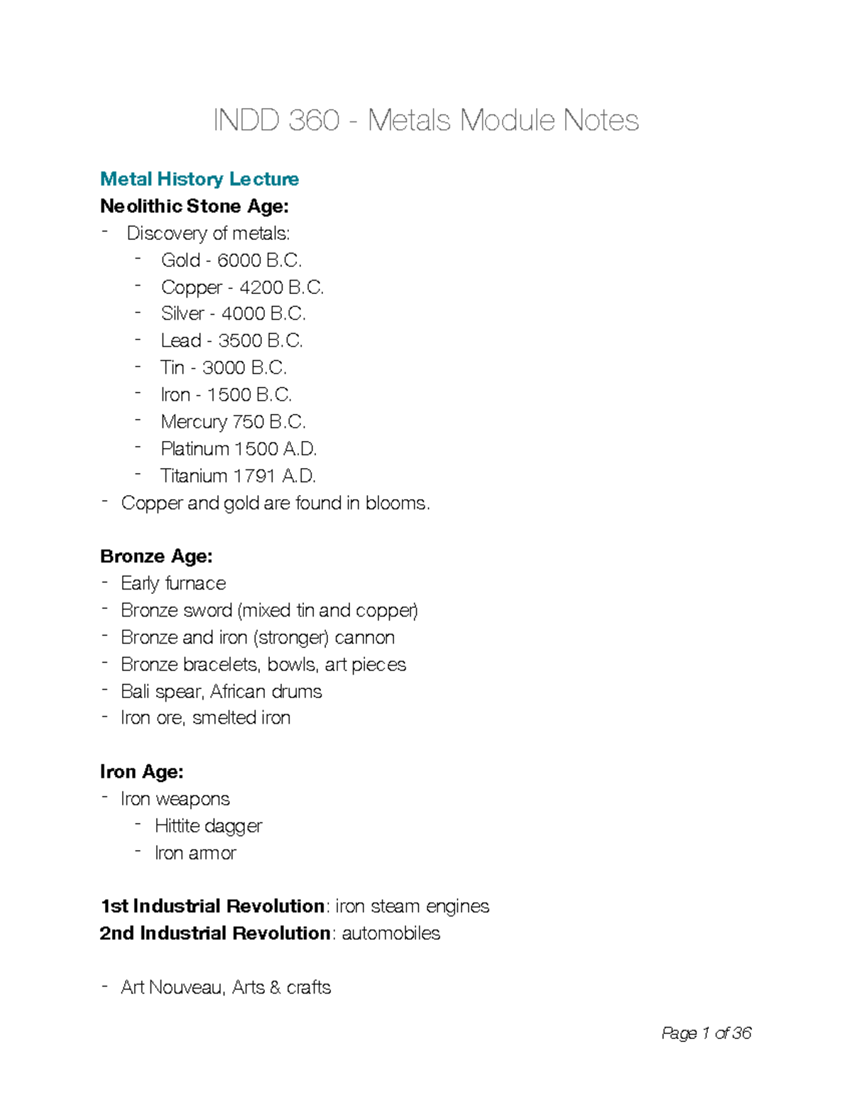 INDD 360 - Metals Module - INDD 360 - Metals Module Notes Metal History ...
