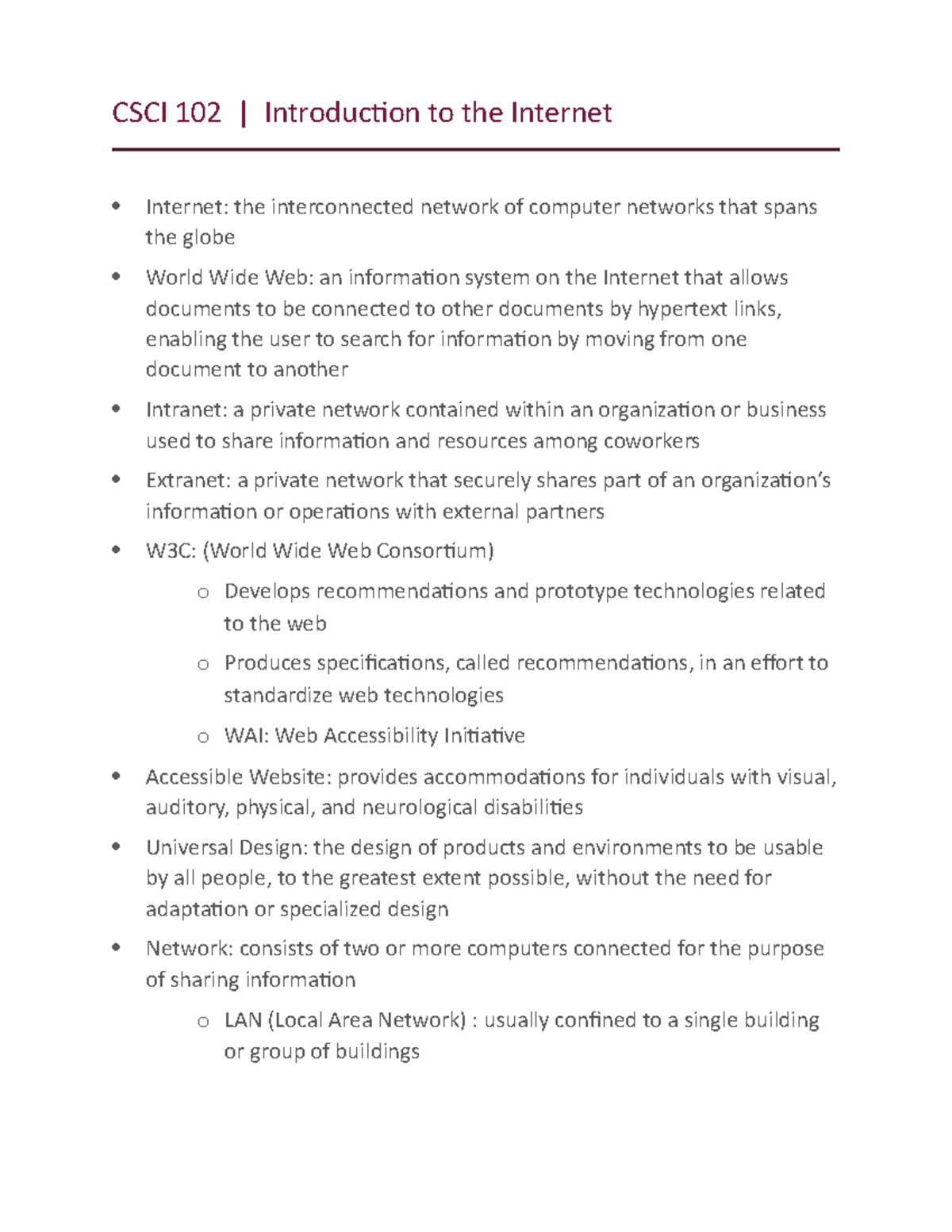 1 Introduction to the Internet - Web browser o Server: fulfills the ...