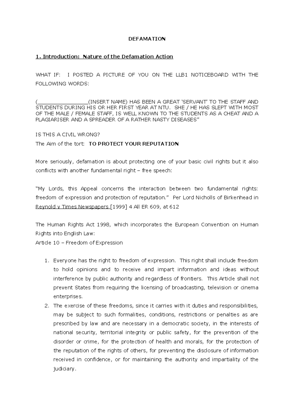 Defamation Lecture Handout 2013 - DEFAMATION Introduction: Nature of ...