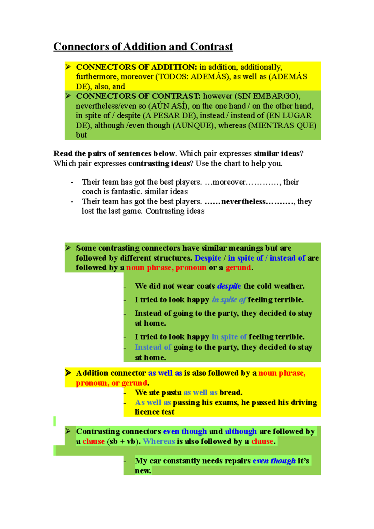 Exercises Connectors Of Addition And Contrast at Jackson Mcpherson blog