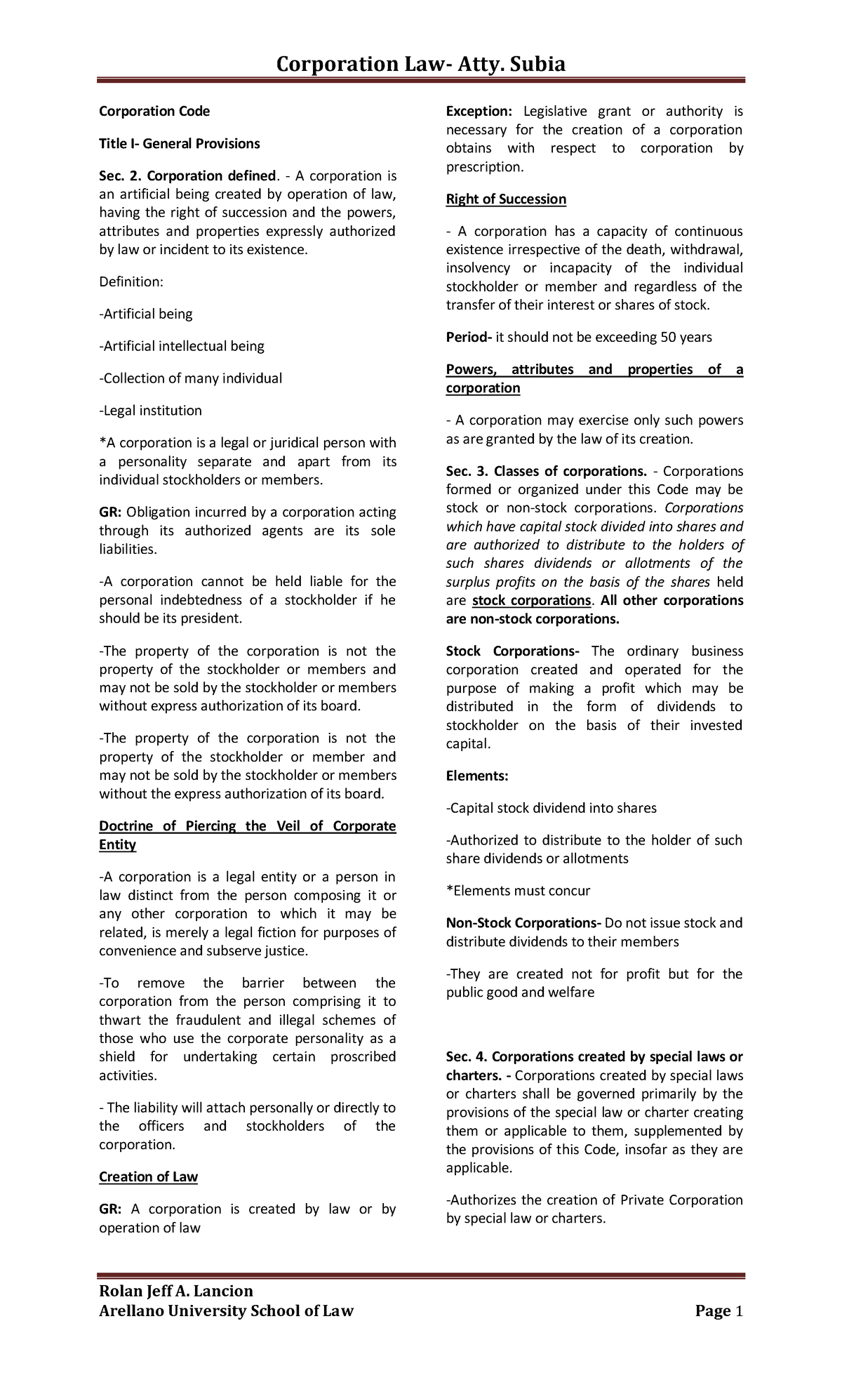 437632482 Corporation Law Notes Subia - Rolan Jeff A. Lancion ...
