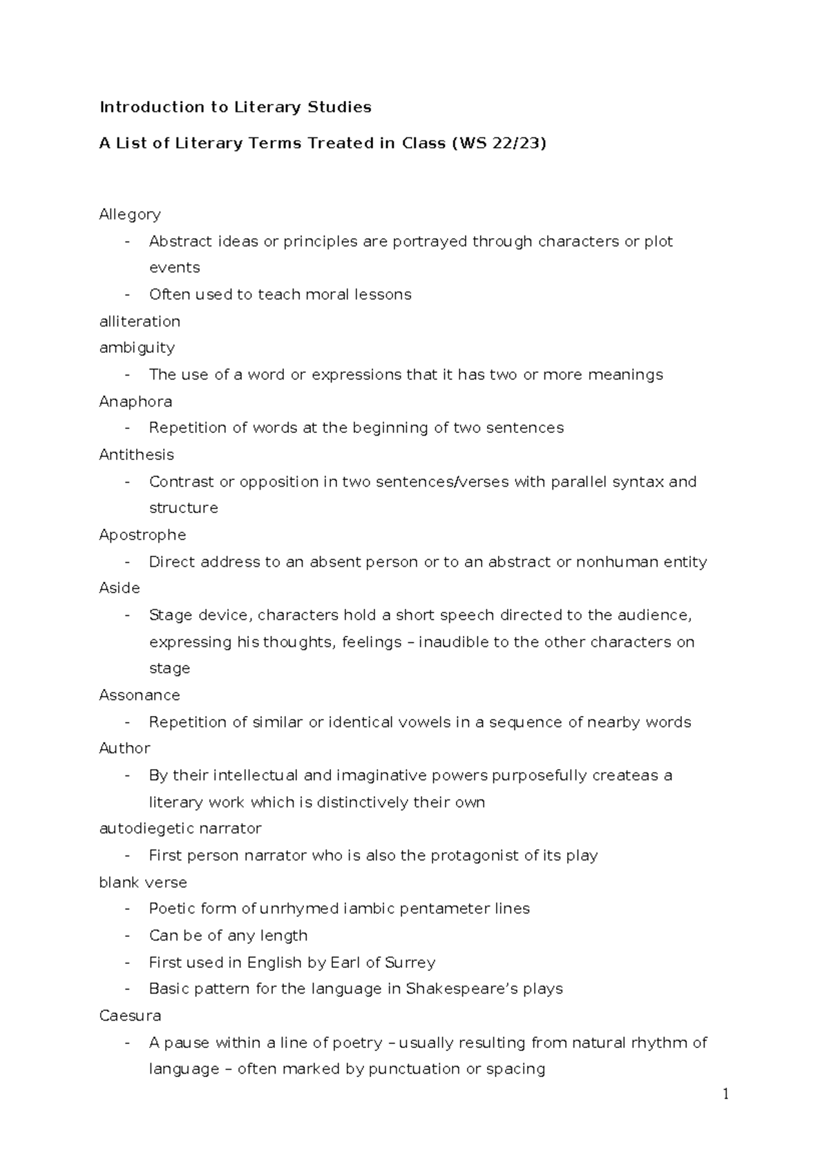 List of Literary Terms Treated in Class WS 22-23 - Introduction to ...