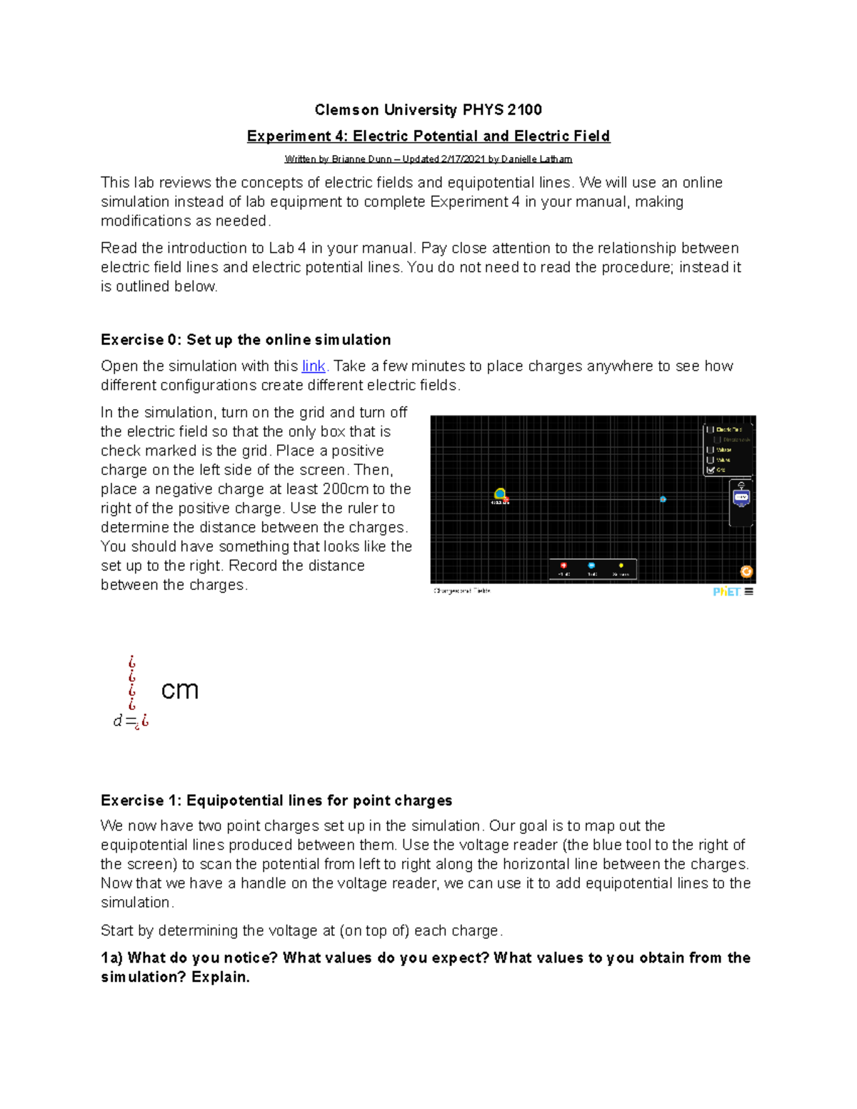 Electric potential worksheet - Clemson University PHYS 2100 Experiment ...