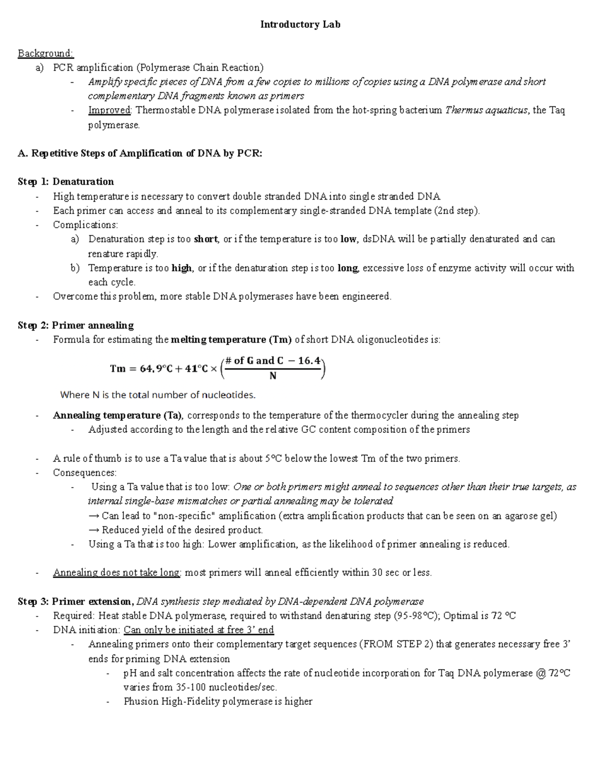 BCH3356 Notes - Google Docs - Introductory Lab Background: a) PCR ...