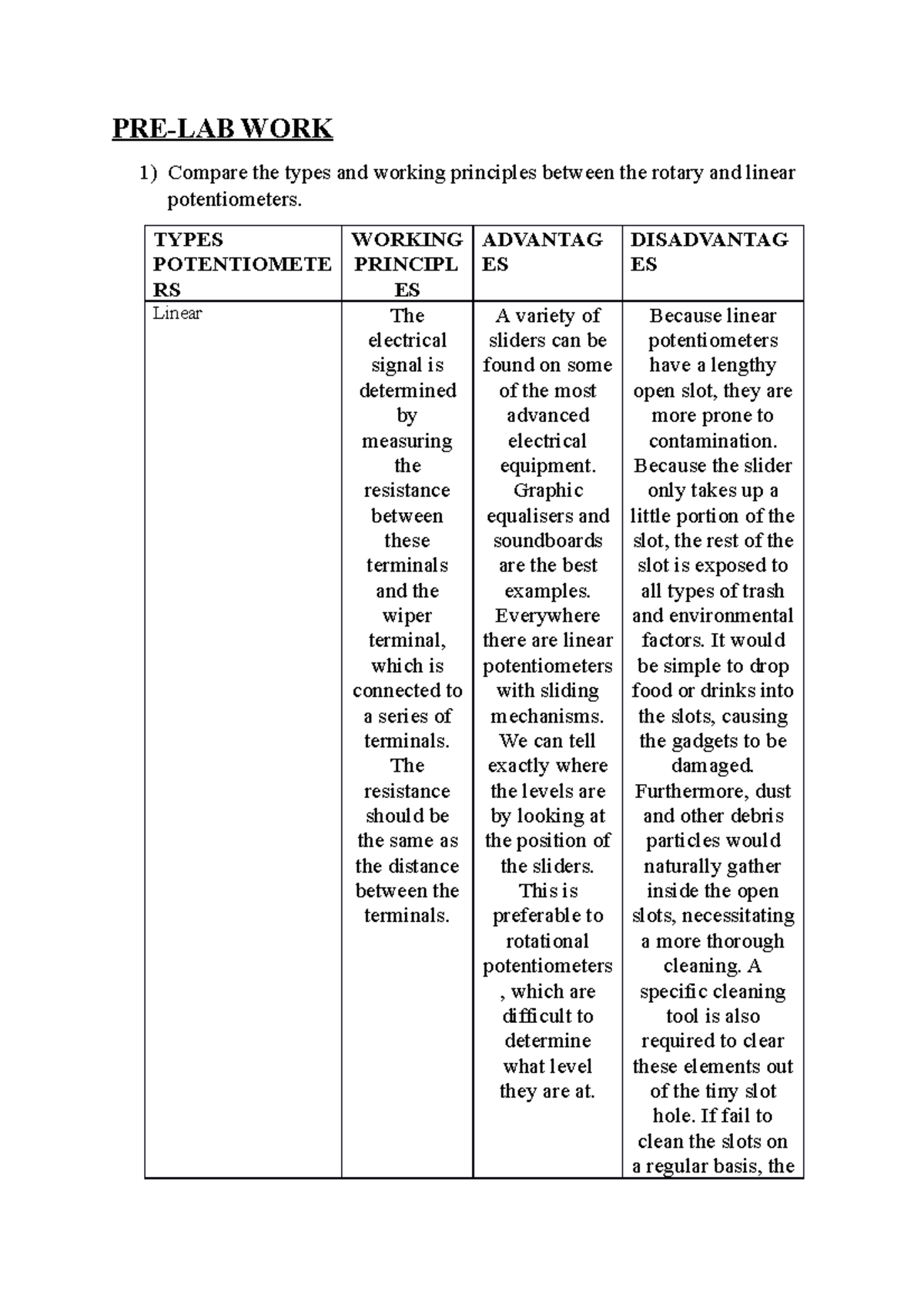 Prelab Electromechanical Transducer - Resistance - PRE-LAB WORK 1) Compare the types and working ...
