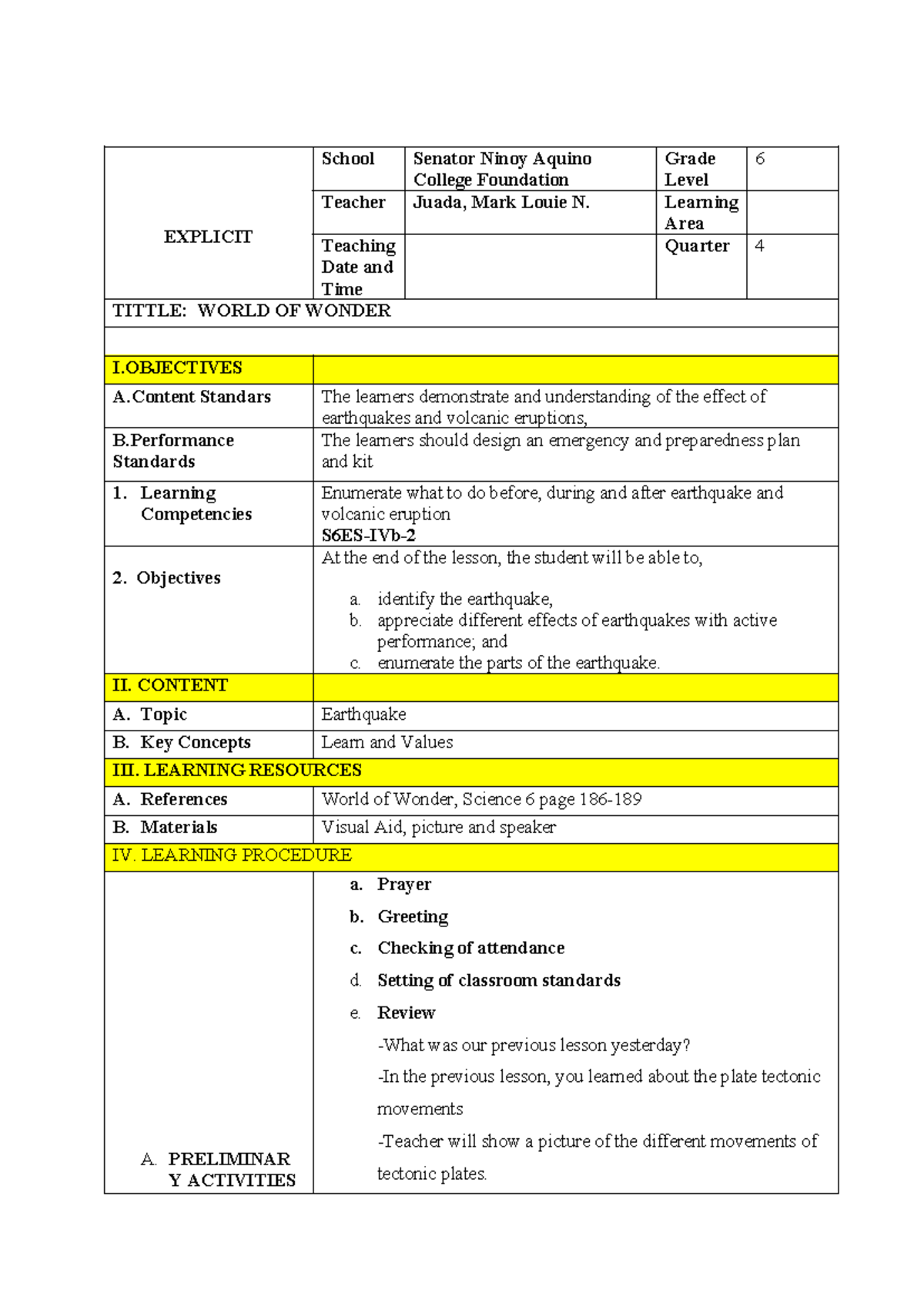 Explicit lesson plan 4th year - EXPLICIT School Senator Ninoy Aquino ...