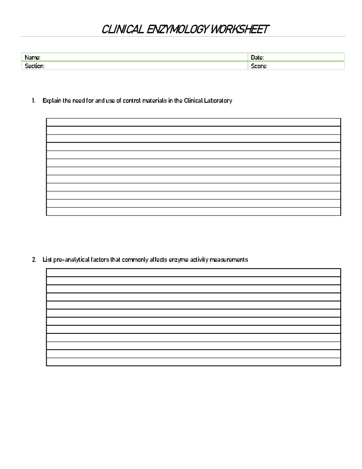 Clinical- Enzymology- Worksheet - CLINICAL ENZYMOLOGY WORKSHEET Explain ...