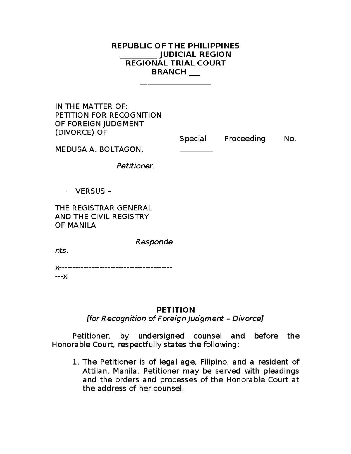 392647911 Petition for Recognition of Foreign Judgment Sample ...