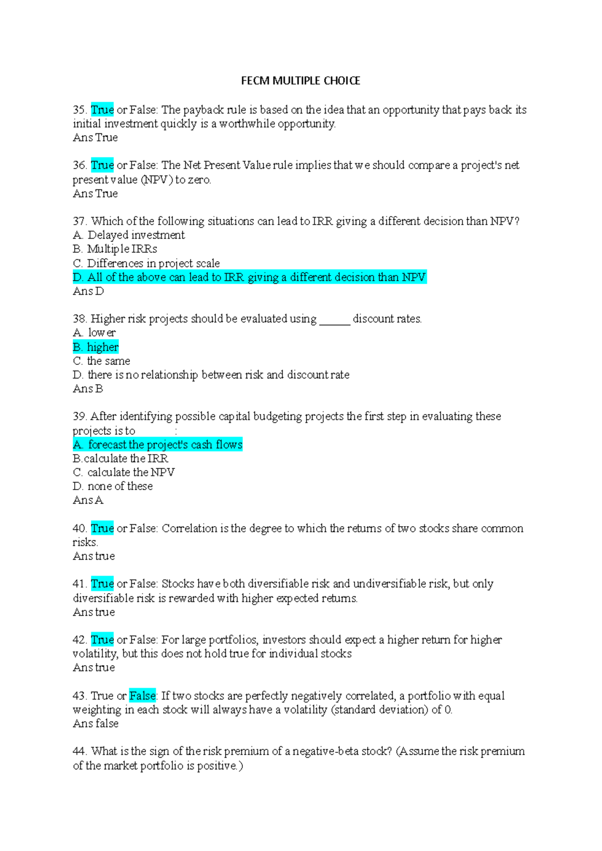 FECM Multiple Choice 4 - FECM MULTIPLE CHOICE True or False: The ...
